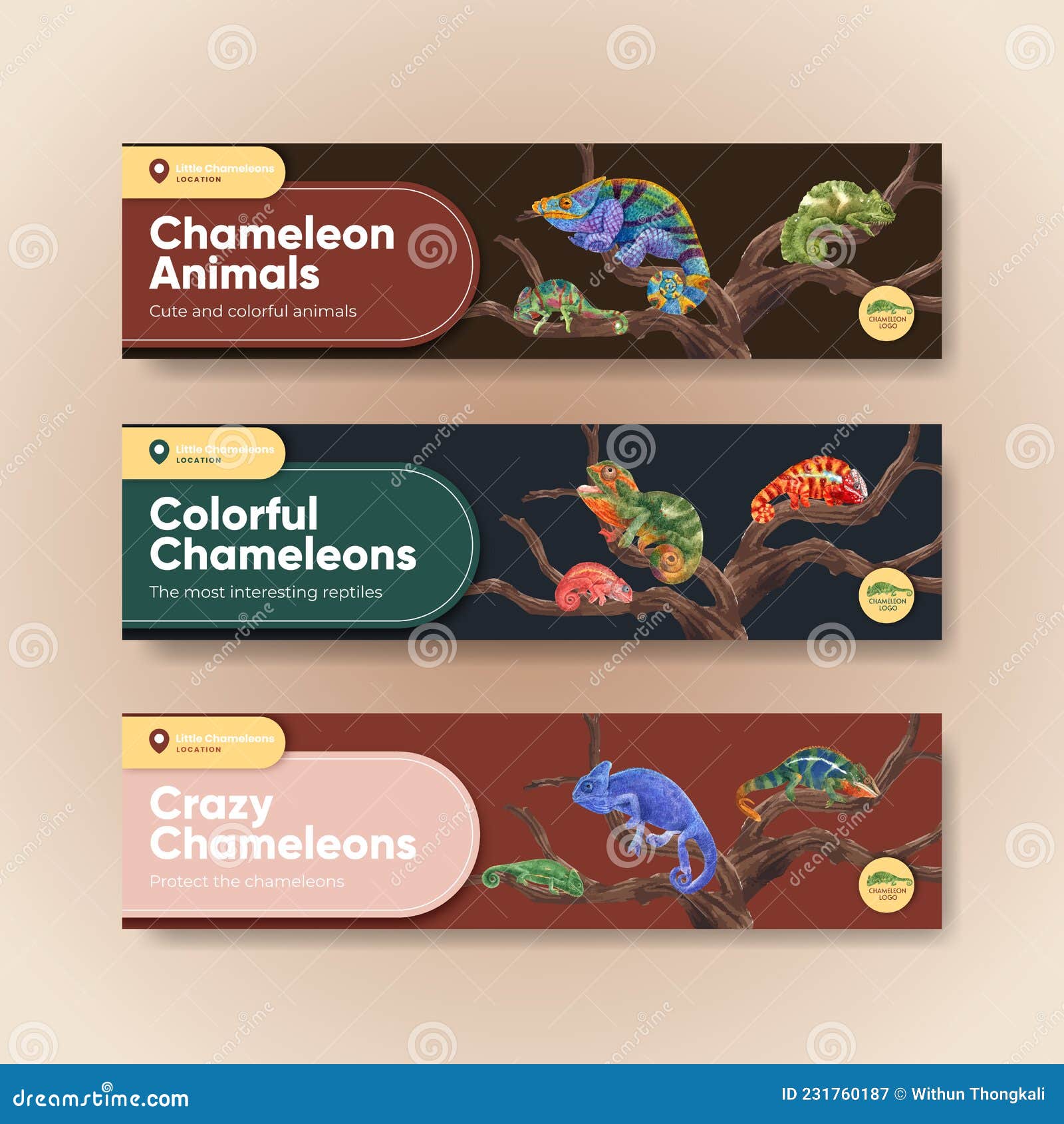 Banner Template with Chameleon Lizard Concept,watercolor Style Stock ...