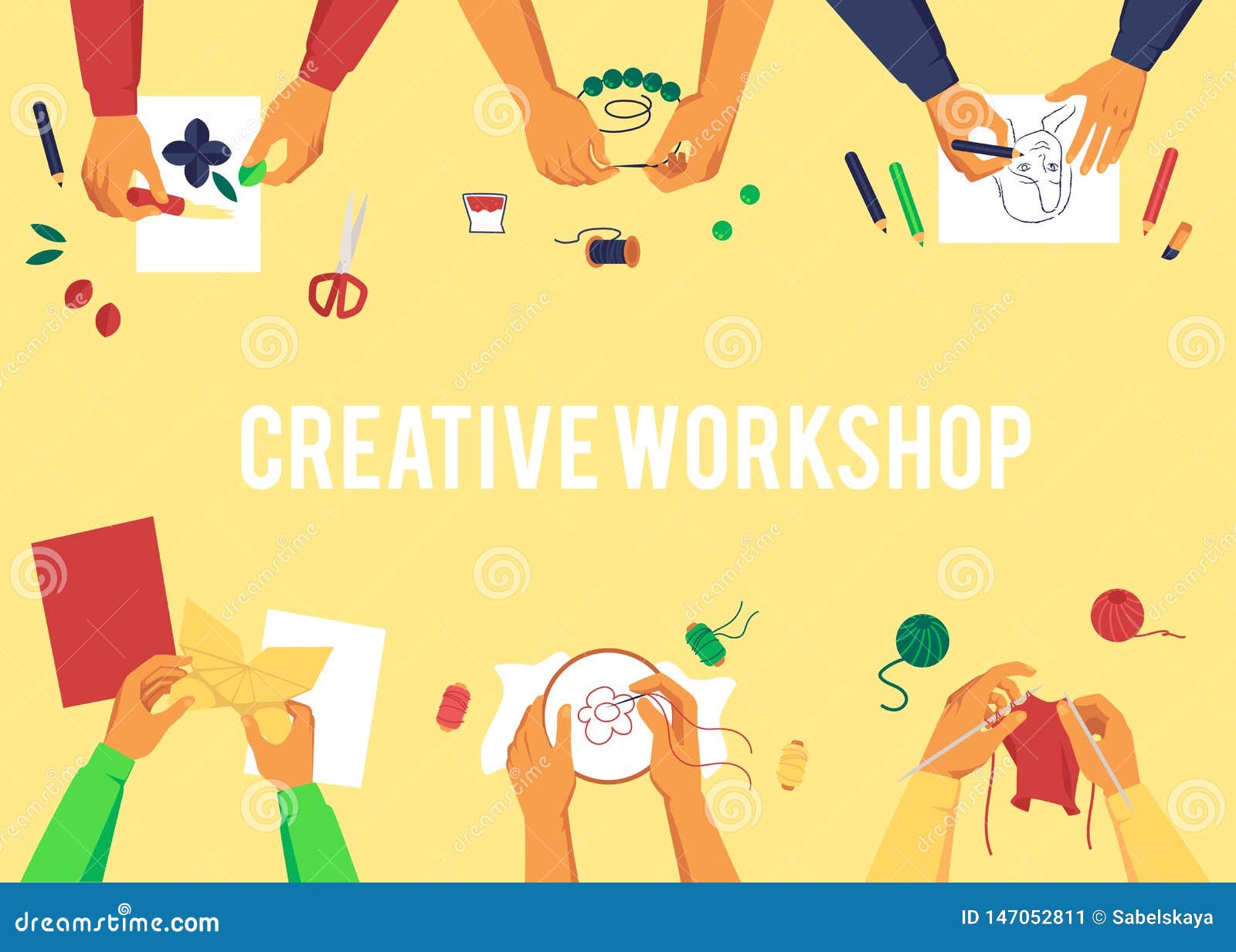 Banner with Top View of Various Hands Creating Handmade Works Cartoon ...