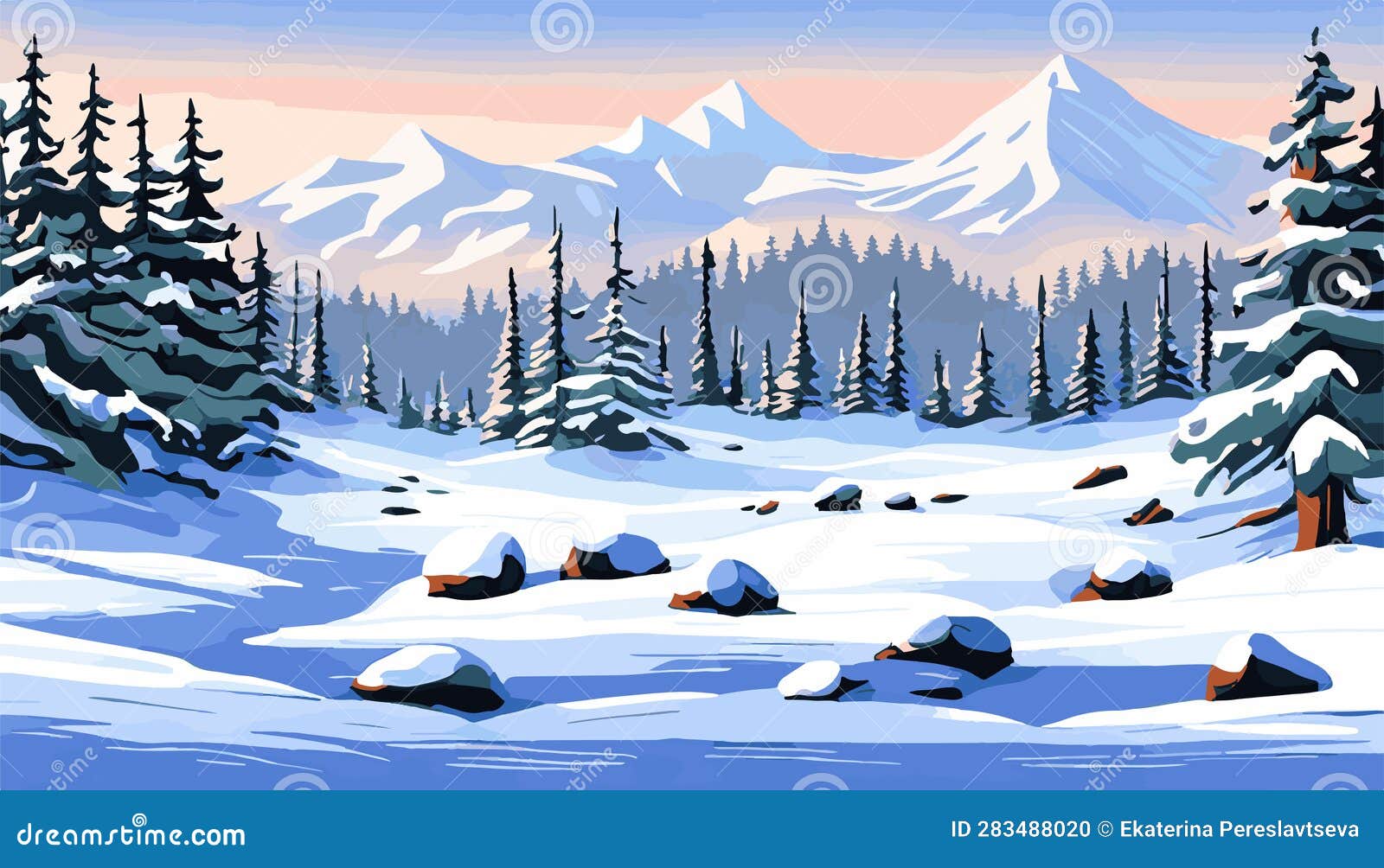 Banner Winter Forest in the Morning on the Background of Mountains ...