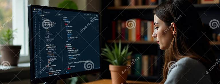 Banner of Young Female Developer Working Remotely from Home, Fully ...