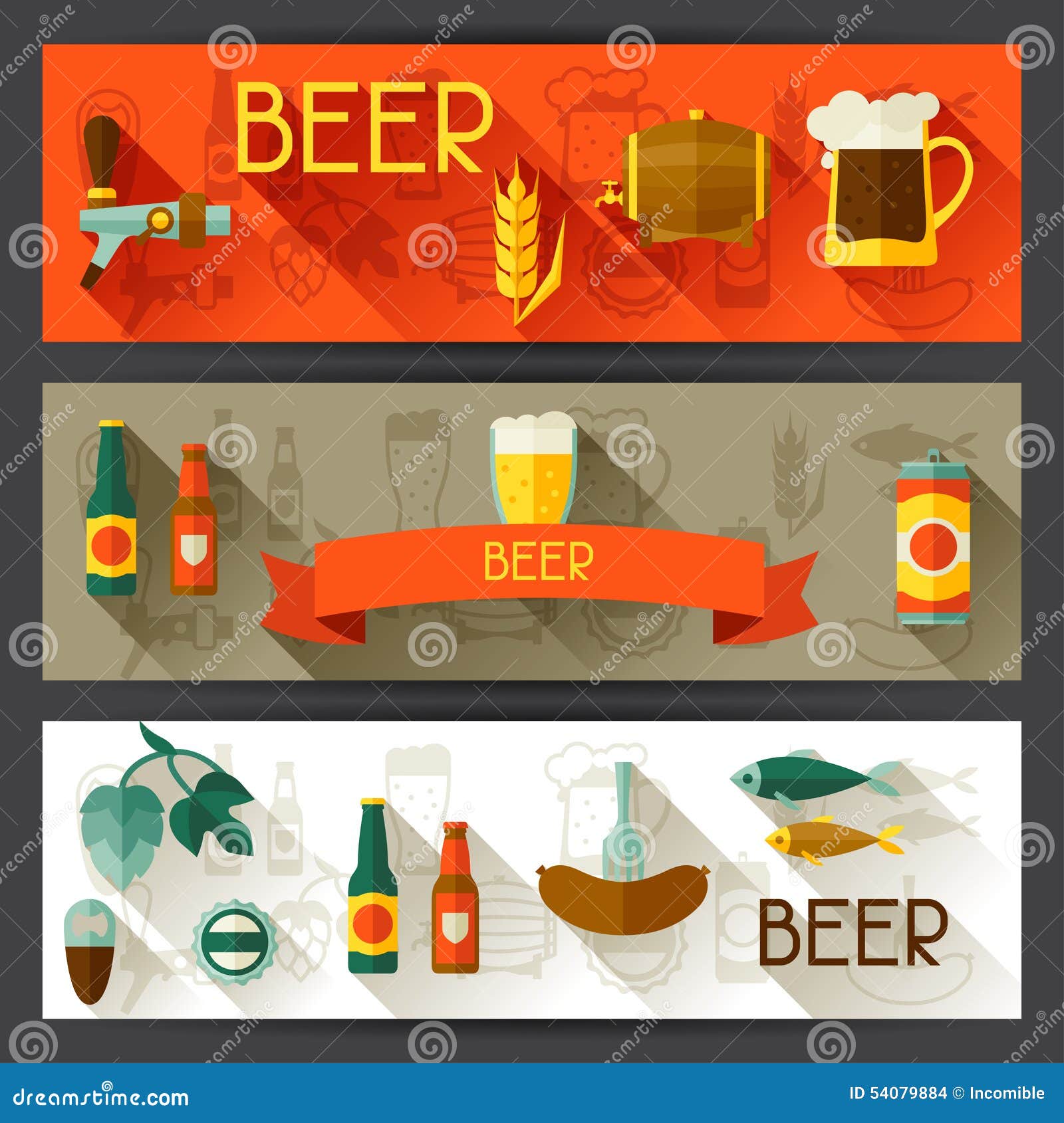 Banners with Beer Icons and Objects in Flat Style Stock Vector ...