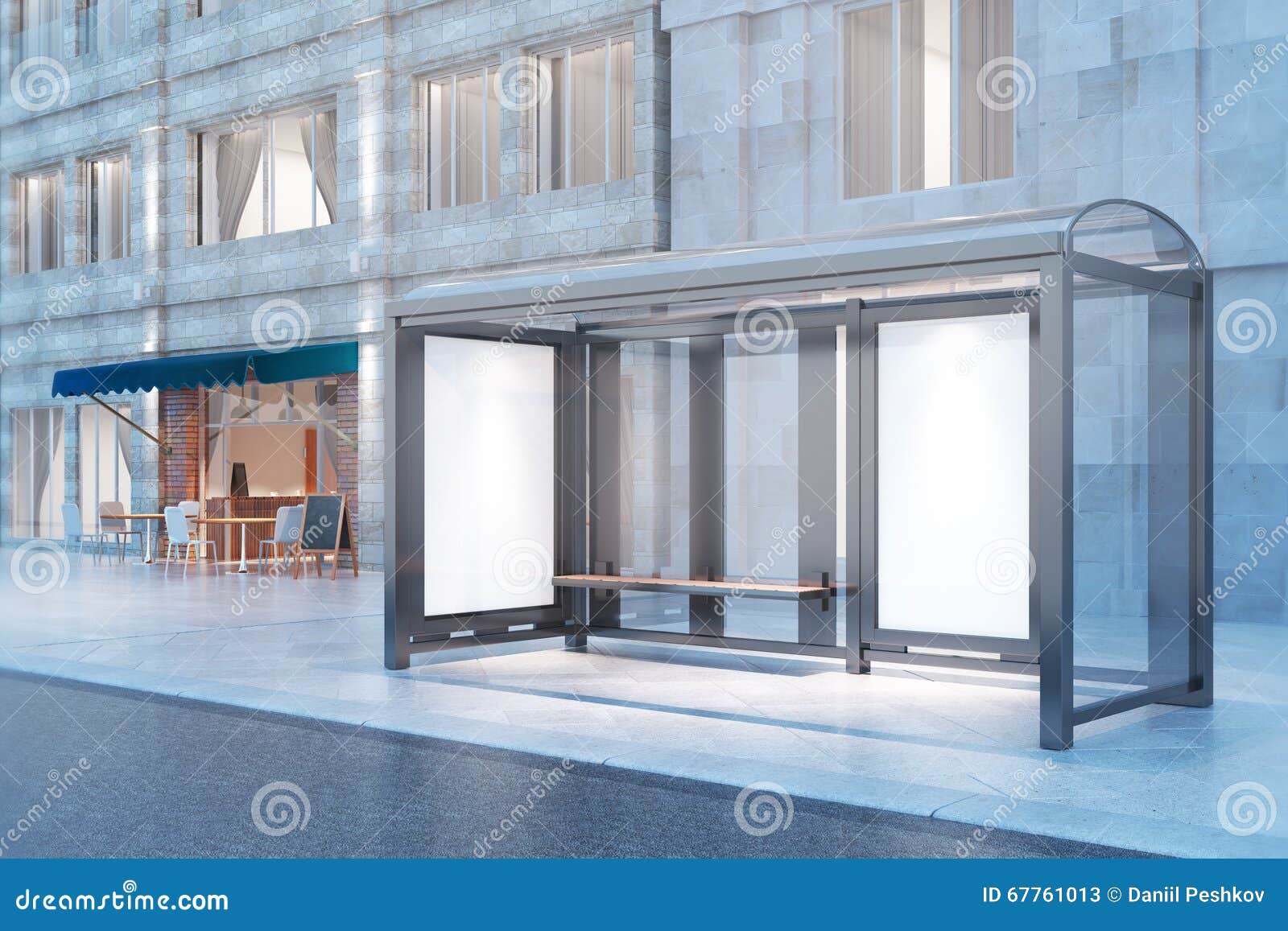 Banners at Bus Stop at Night Stock Illustration - Illustration of ...