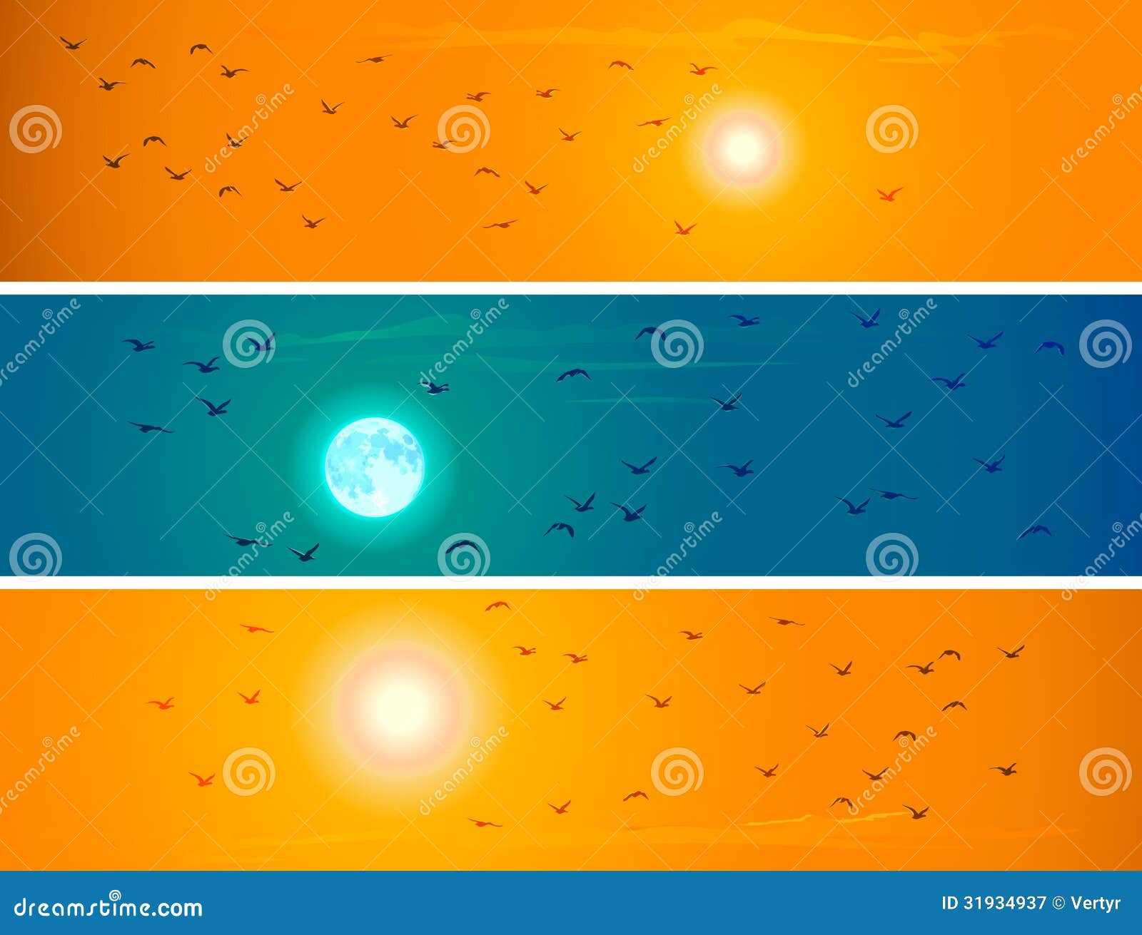 Banners of Flying Birds Against Orange Sunset and Moon. Stock Vector ...