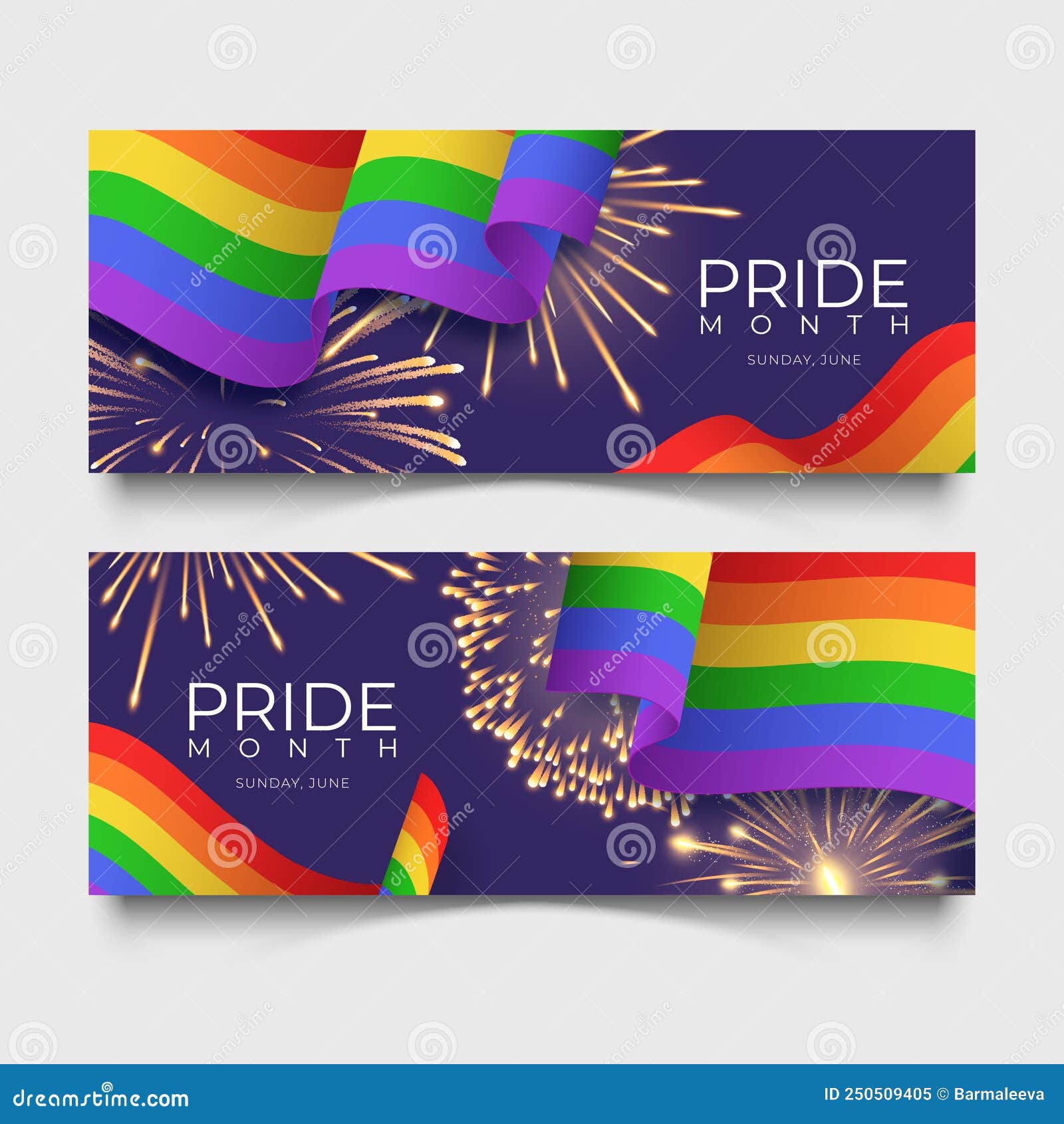 Banners With The Lgbt Rainbow Realistic Waving Flags And Fireworks
