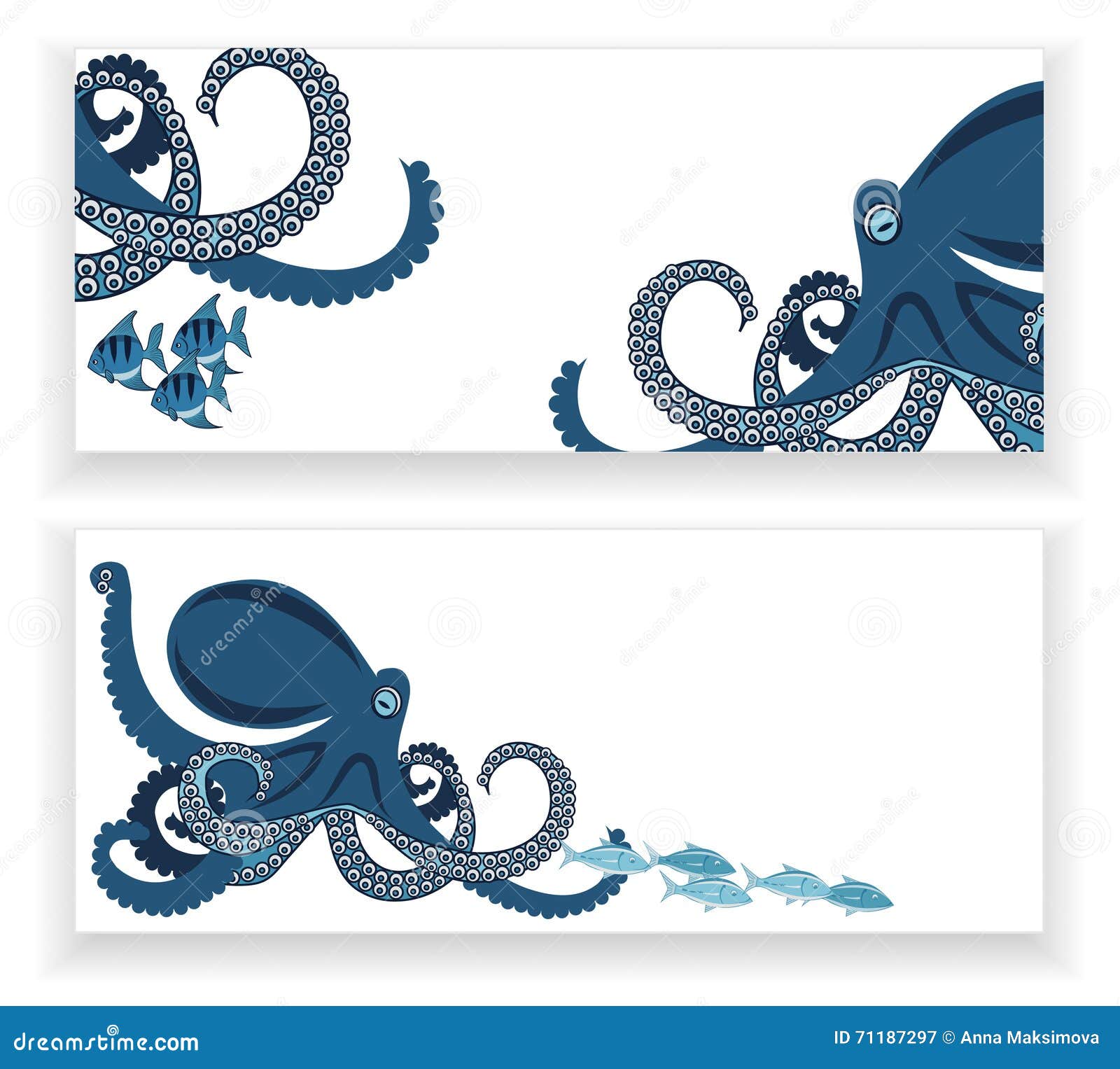Banners with Octopus and Fish Stock Vector - Illustration of blue ...