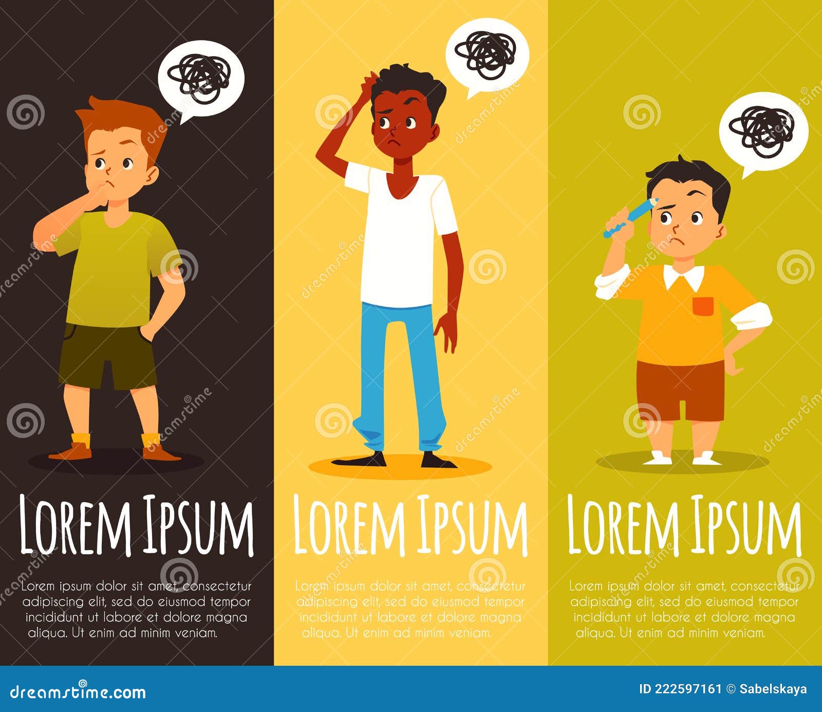 Banners with Pensive Children Thinking and Deciding Task, Vector ...