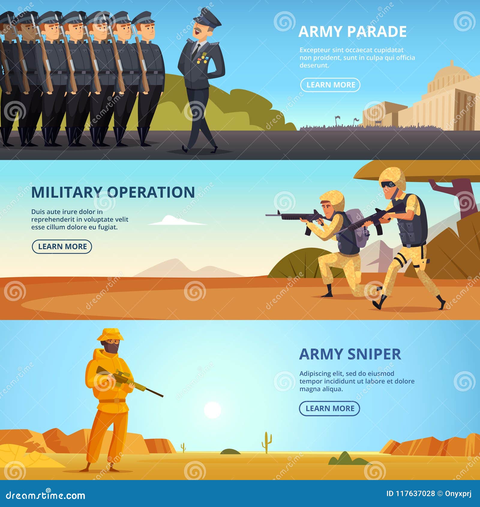 Banners Set with Illustrations of Military Characters and Different ...