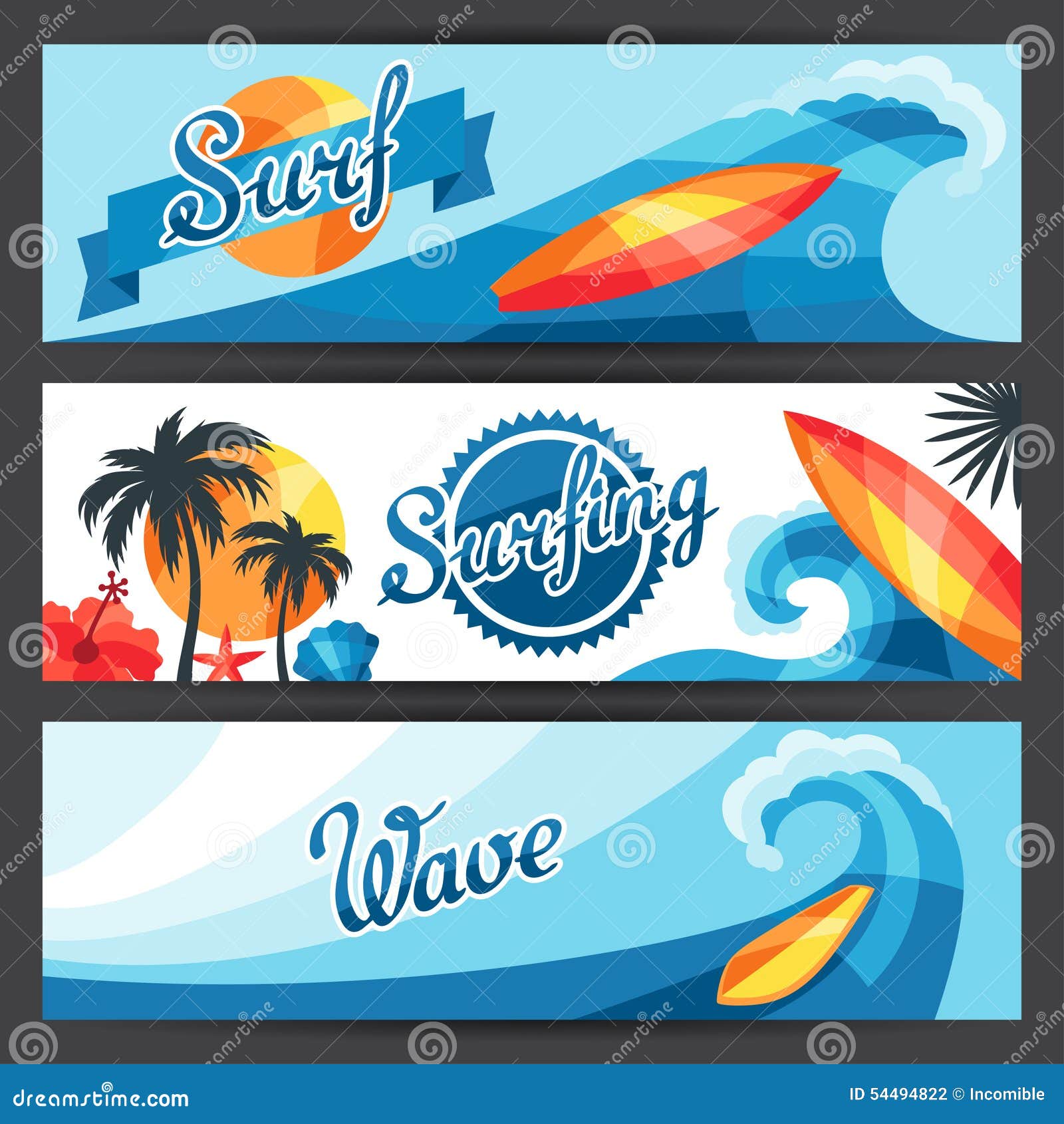 Banners with Surfing Design Stock Vector - Illustration of invitation ...