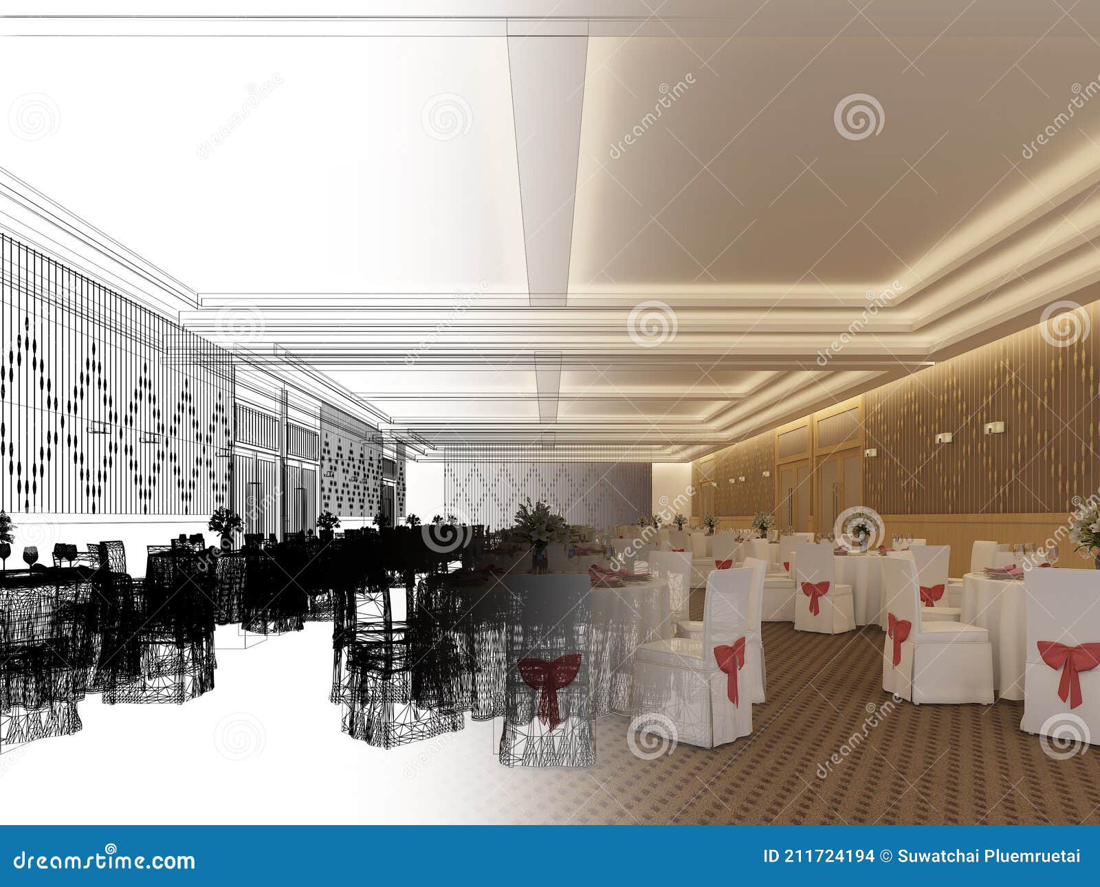 Banquet hall design, 3d stock illustration. Illustration of banquet ...