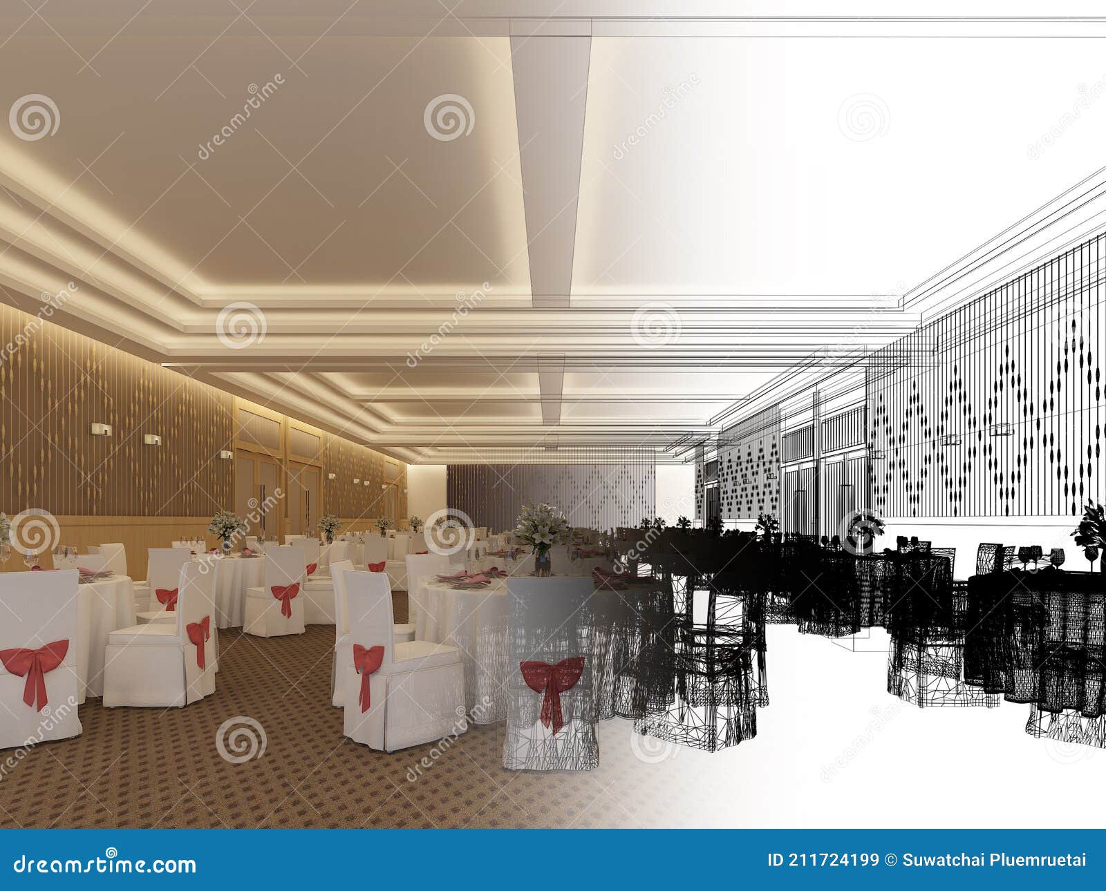 Banquet hall design, 3d stock illustration. Illustration of plate ...