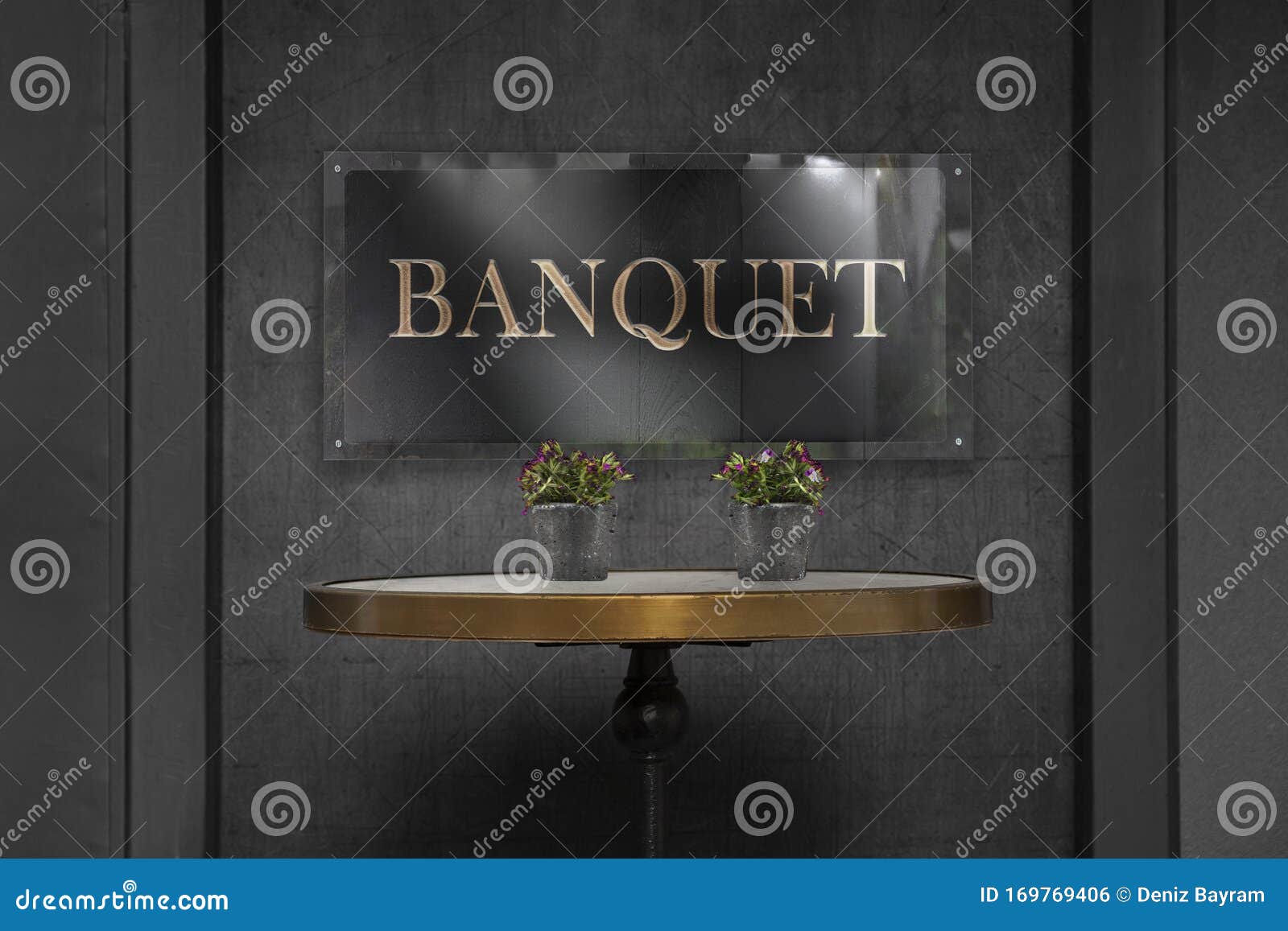 Banquet sign board on wall stock photo. Image of advertisement - 169769406