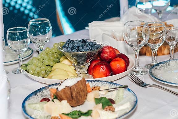 Banquet Table Served with Dishes and Snacks. Stock Image - Image of ...