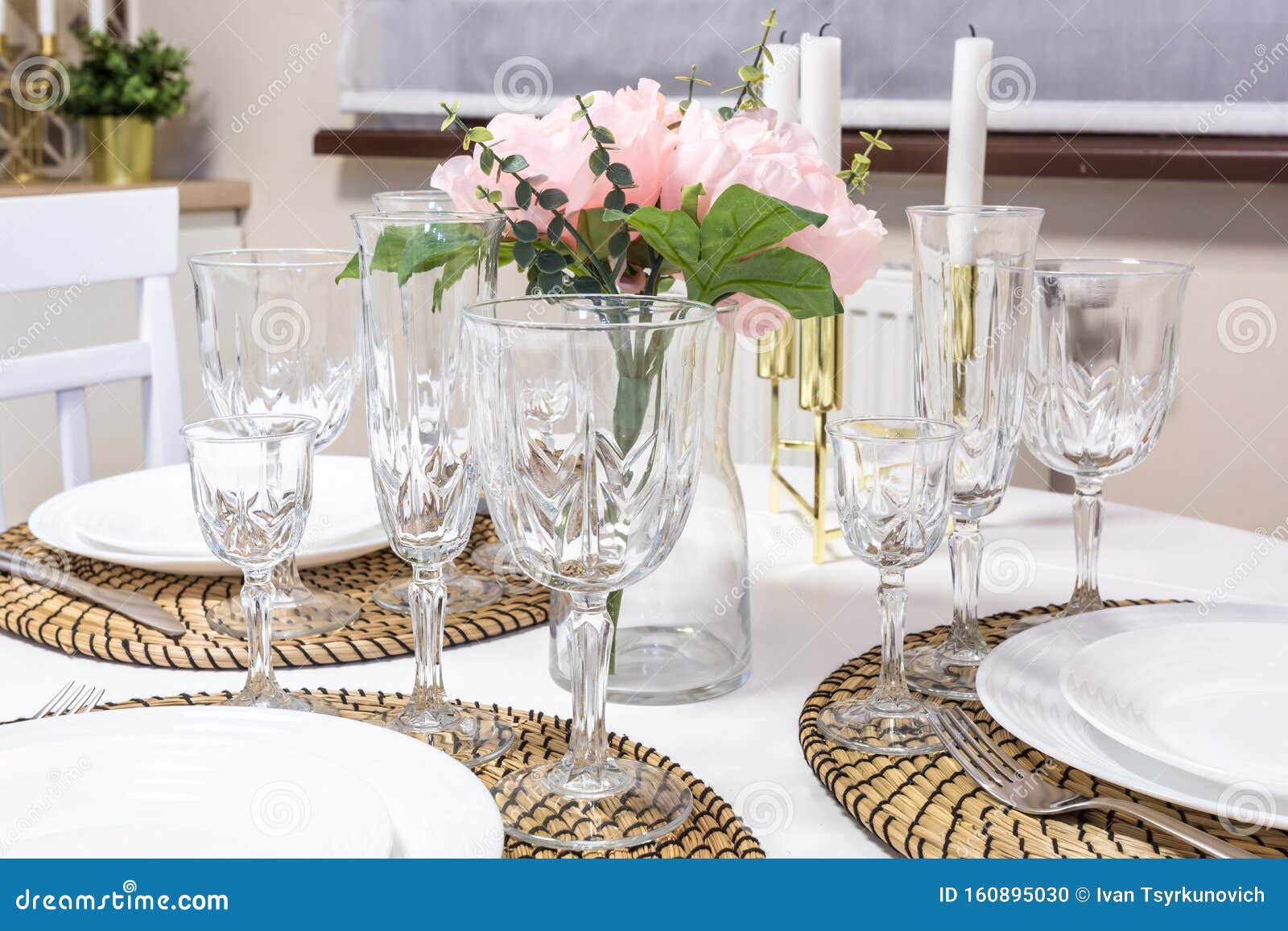 Banquet Table Served with Instruments and Decorated with Empty Wine ...
