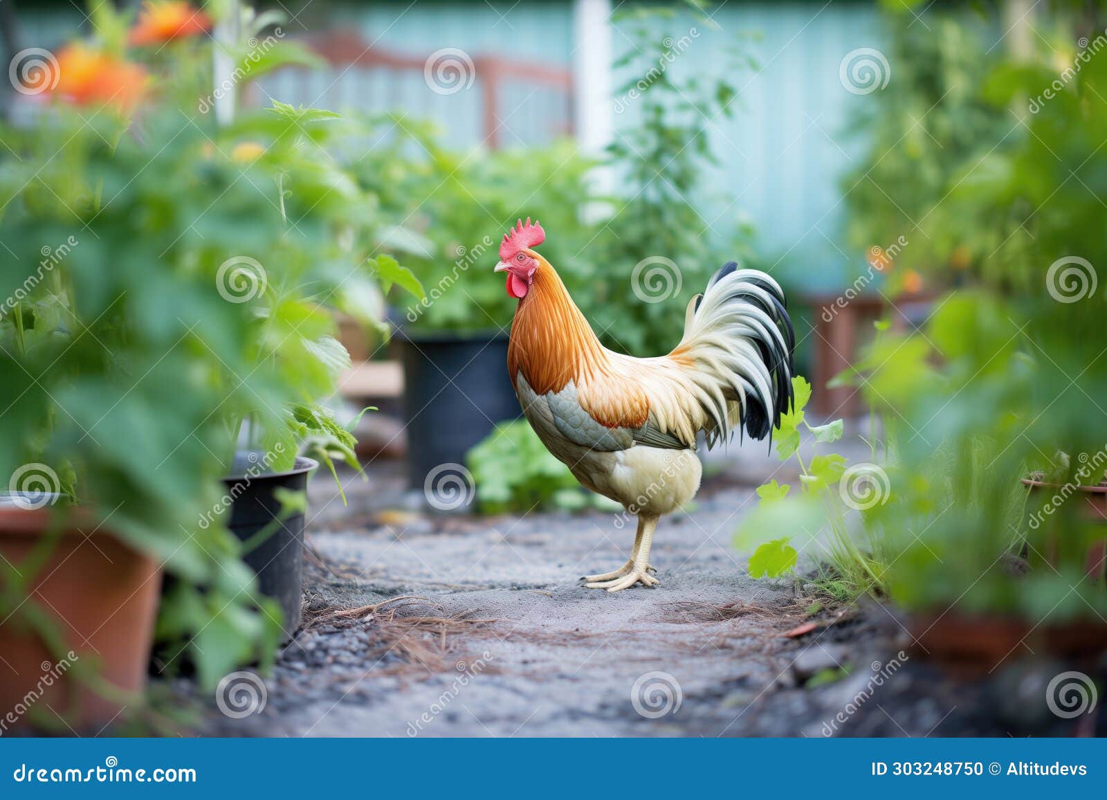 Bantam Rooster Strutting beside Vegetable Plants Stock Photo - Image of ...