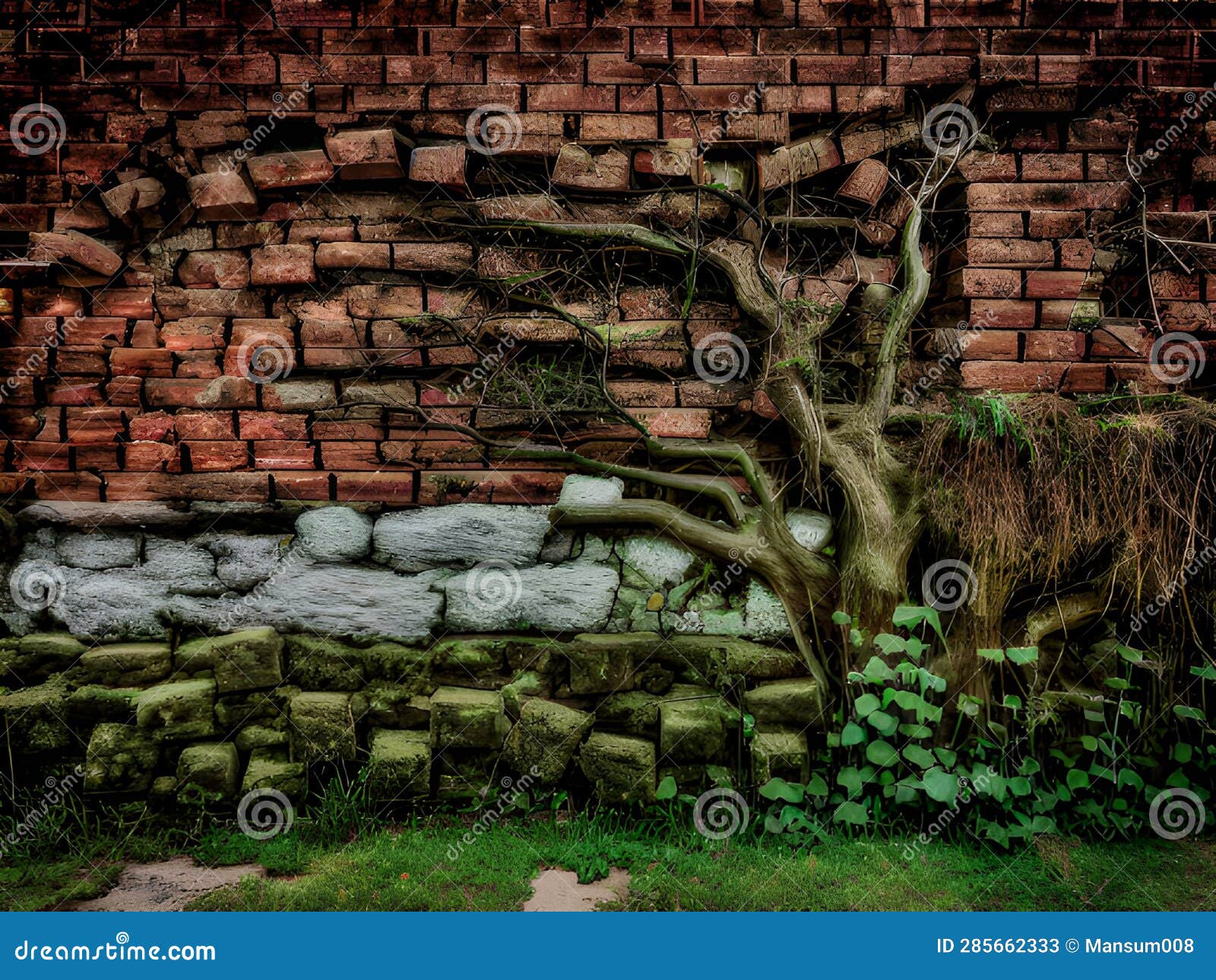 Banyan Tree Roots on Old Brick Wall. Ancient Brick Wall with Root Tree ...