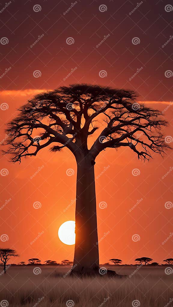Baobab Tree in an Open Field with the Sun Setting Behind Creating a Stunning Silhouette Stock ...