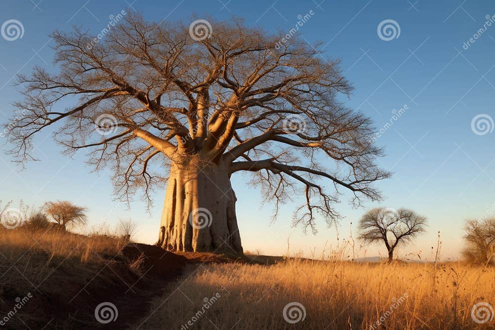 Baobab Tree Shadowed by the Descending Sun Stock Illustration ...