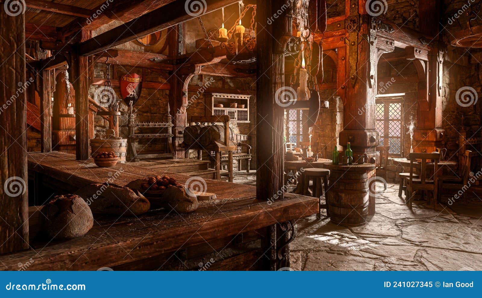 Bar Area of an Old Medieval Tavern Lit by Daylight through Windows. 3D ...