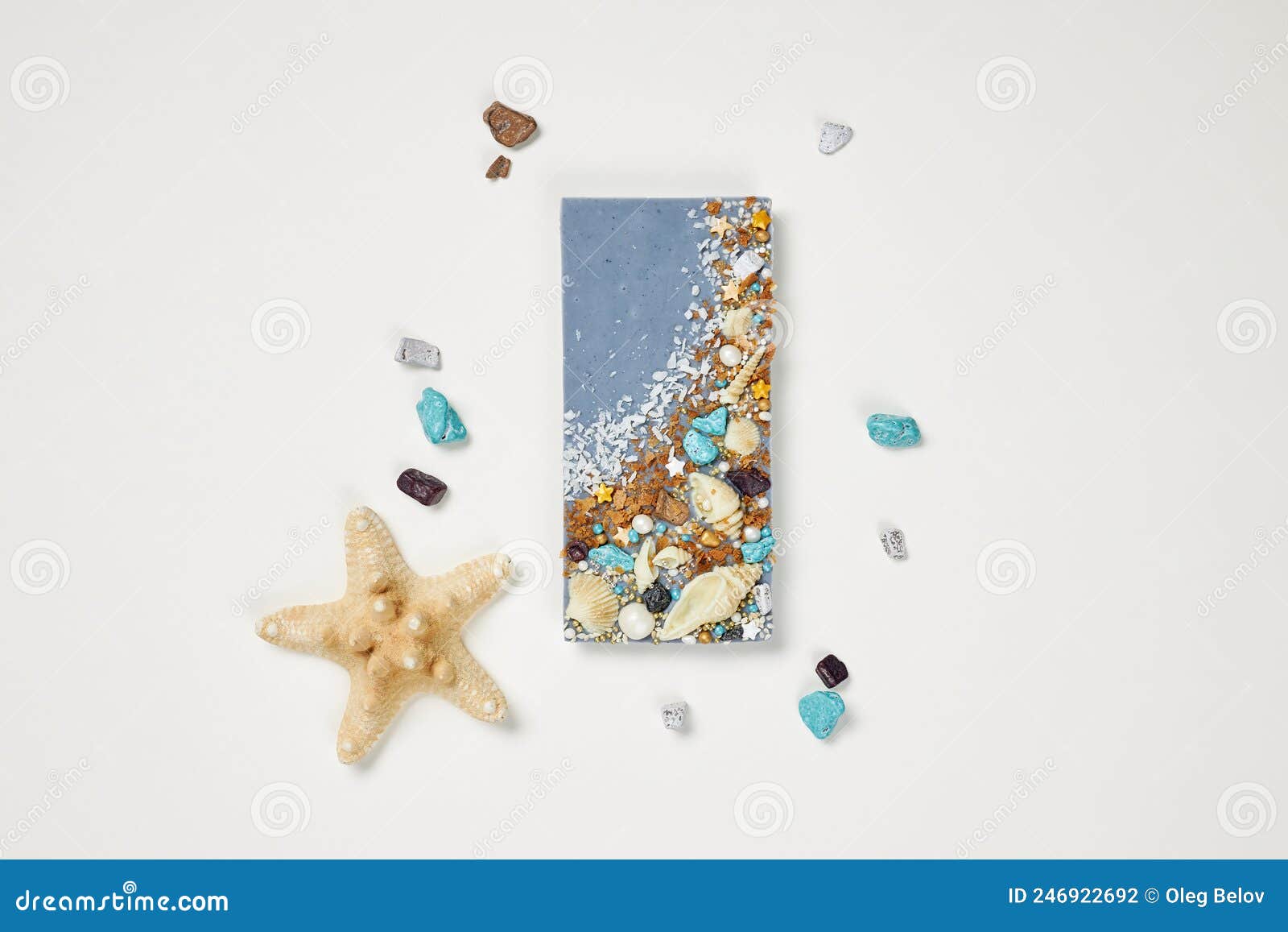 Bar of Blue Chocolate Decorated with Sea Shells Stock Photo - Image of ...