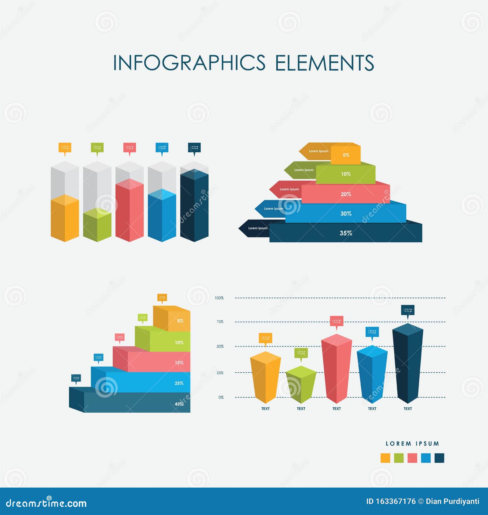 Bar Chart 3D Infographics Elements Vector Set, Flat Design, Full Color ...