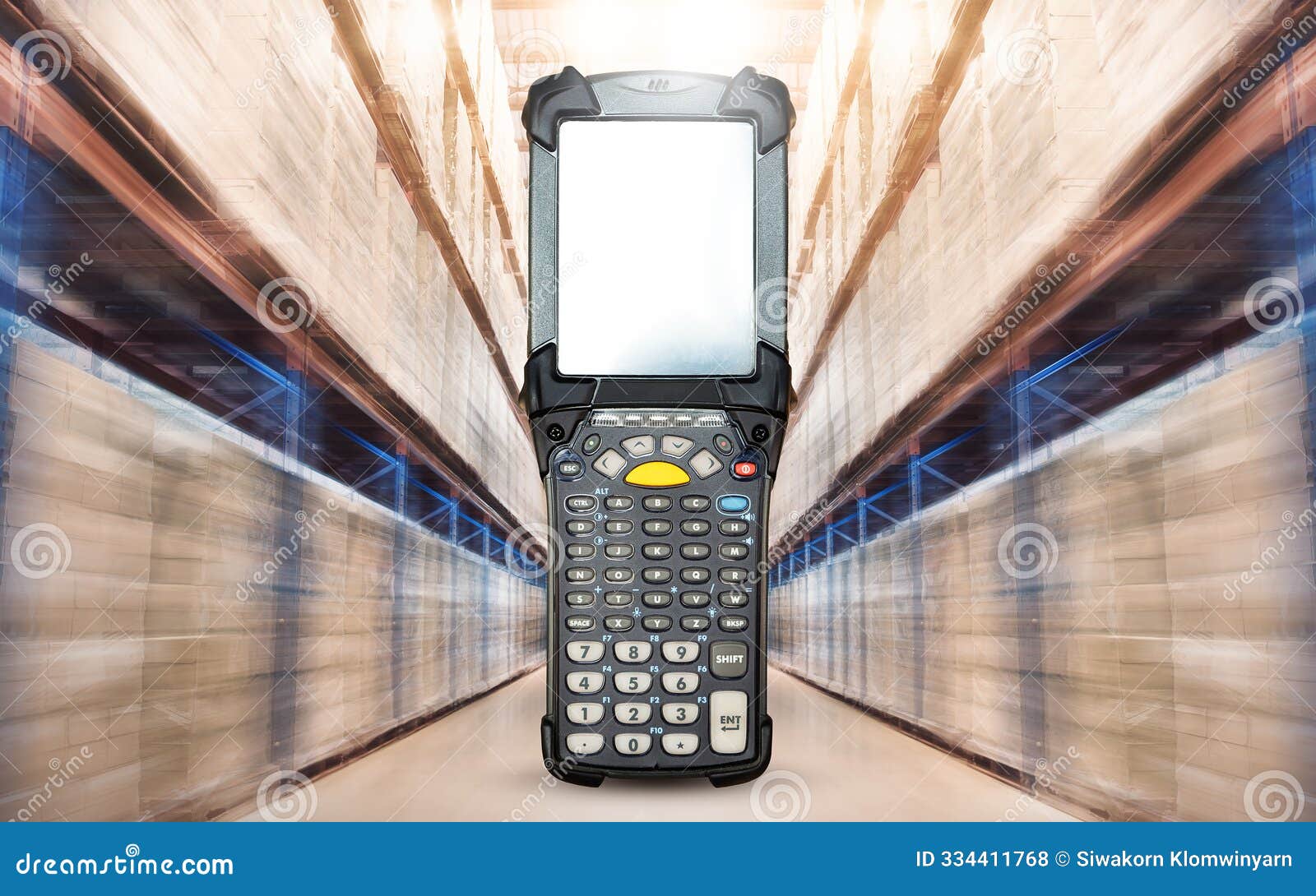 Bar Code Scanner in Blurred Warehouse. Computer Scanner Mobile Work ...