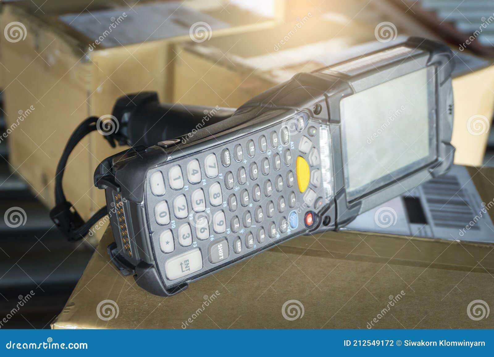 Bar Code Scanner on Package Box at the Warehousing. Computer Equipment ...