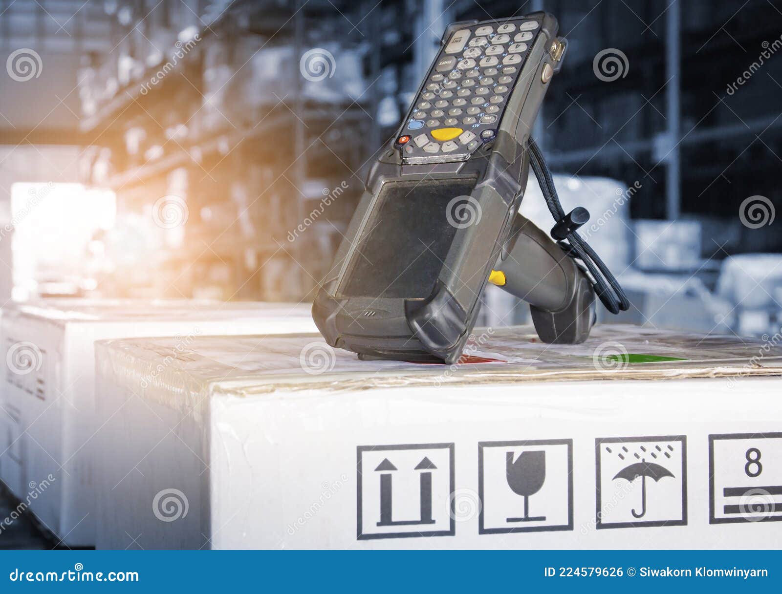 Bar Code Scanner on Package Boxes at Storage Warehouse. Computer Work ...