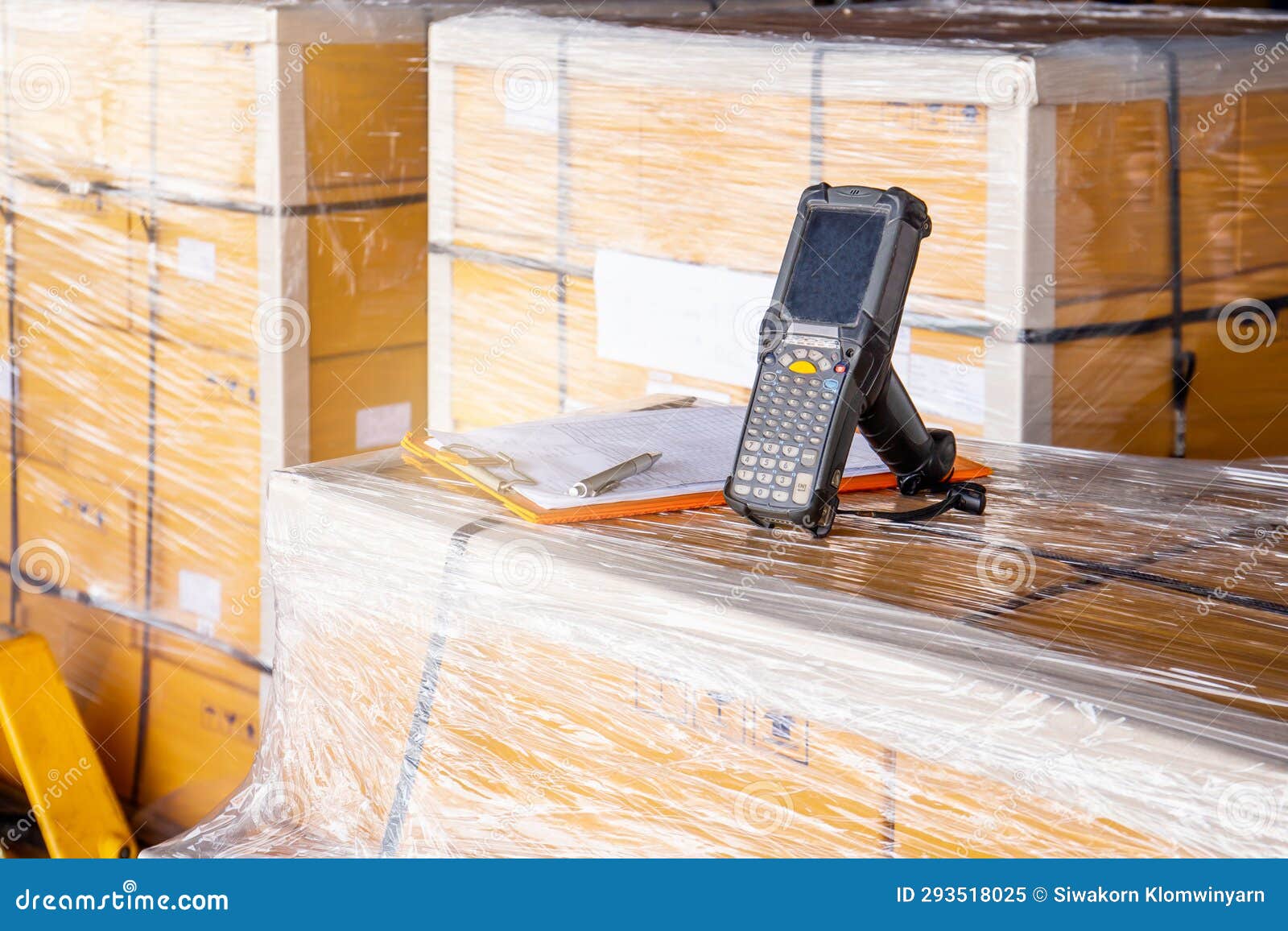 Bar Code Scanner on Package Boxes. Warehouse Space. Shipping Storehouse ...
