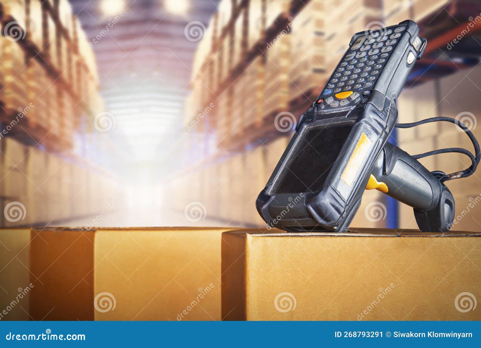 Bar Code Scanner on Packaging Boxes in Storage Warehouse. Shipping ...
