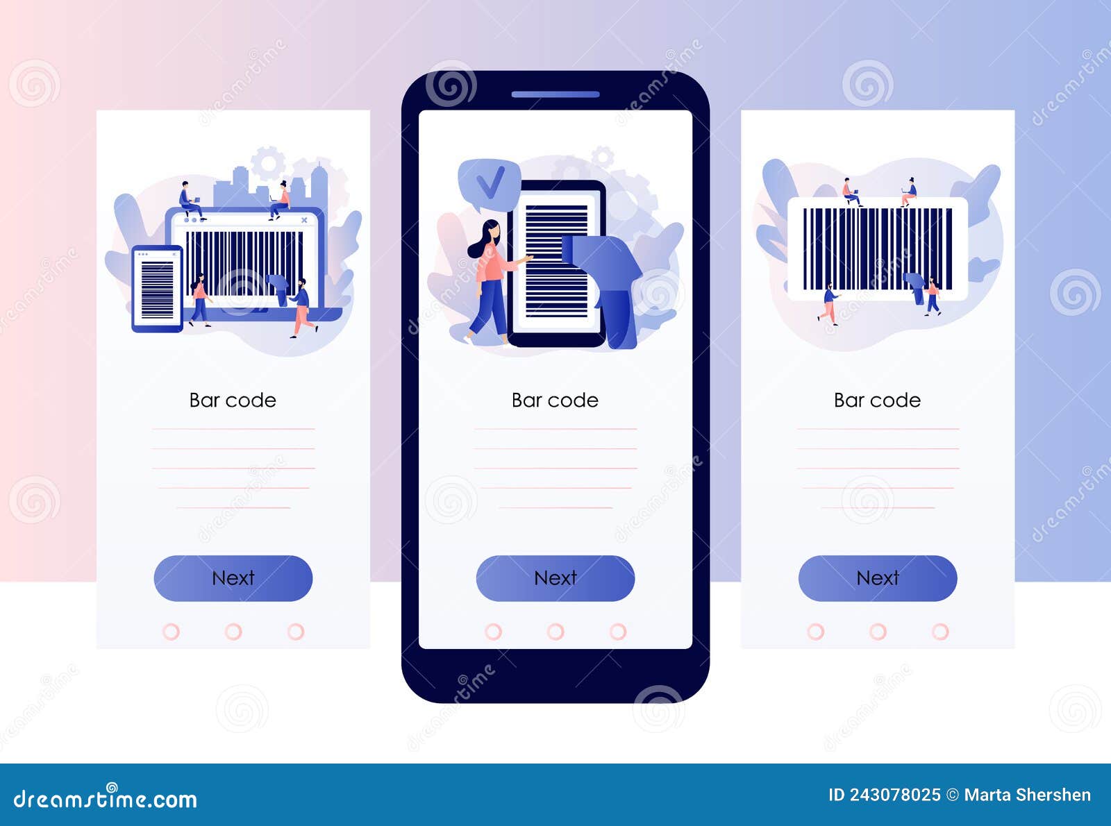 Bar Code in Smartphone and Laptop App. Handheld Barcode Scanner. Tiny ...