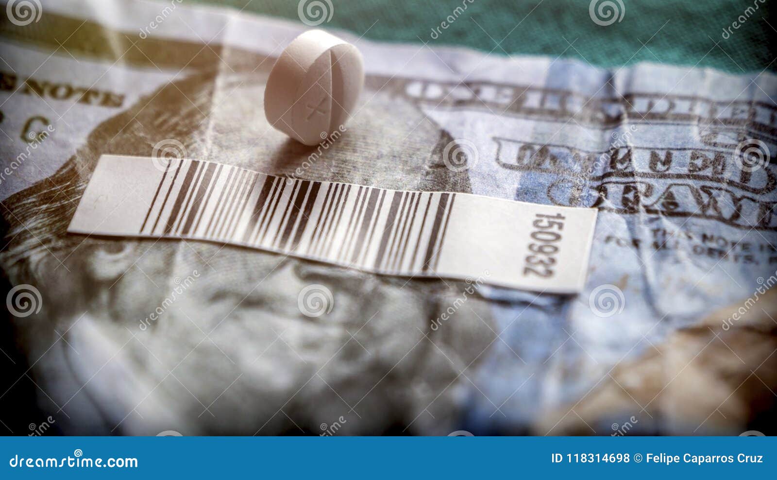 Bar Code and a White Pill on a Ticket of Dollar Stock Photo - Image of ...