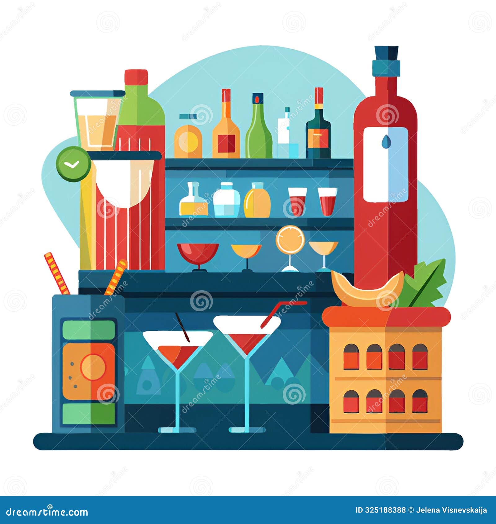 A Bar with Various Bottles and Glasses of Alcohol Displayed on the ...