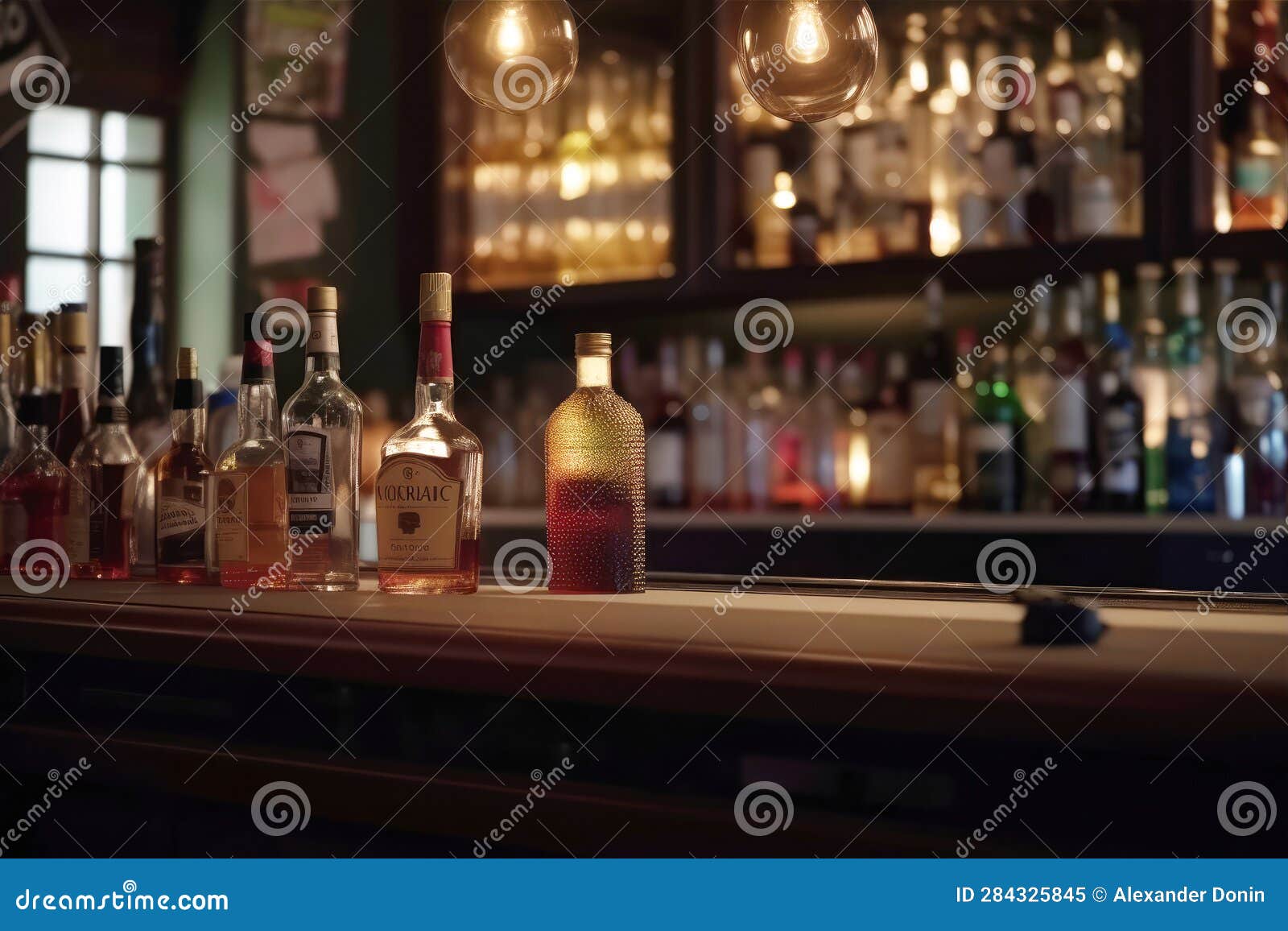 Bar Counter in the Restaurant Bar is Out of Focus with Illumination and ...