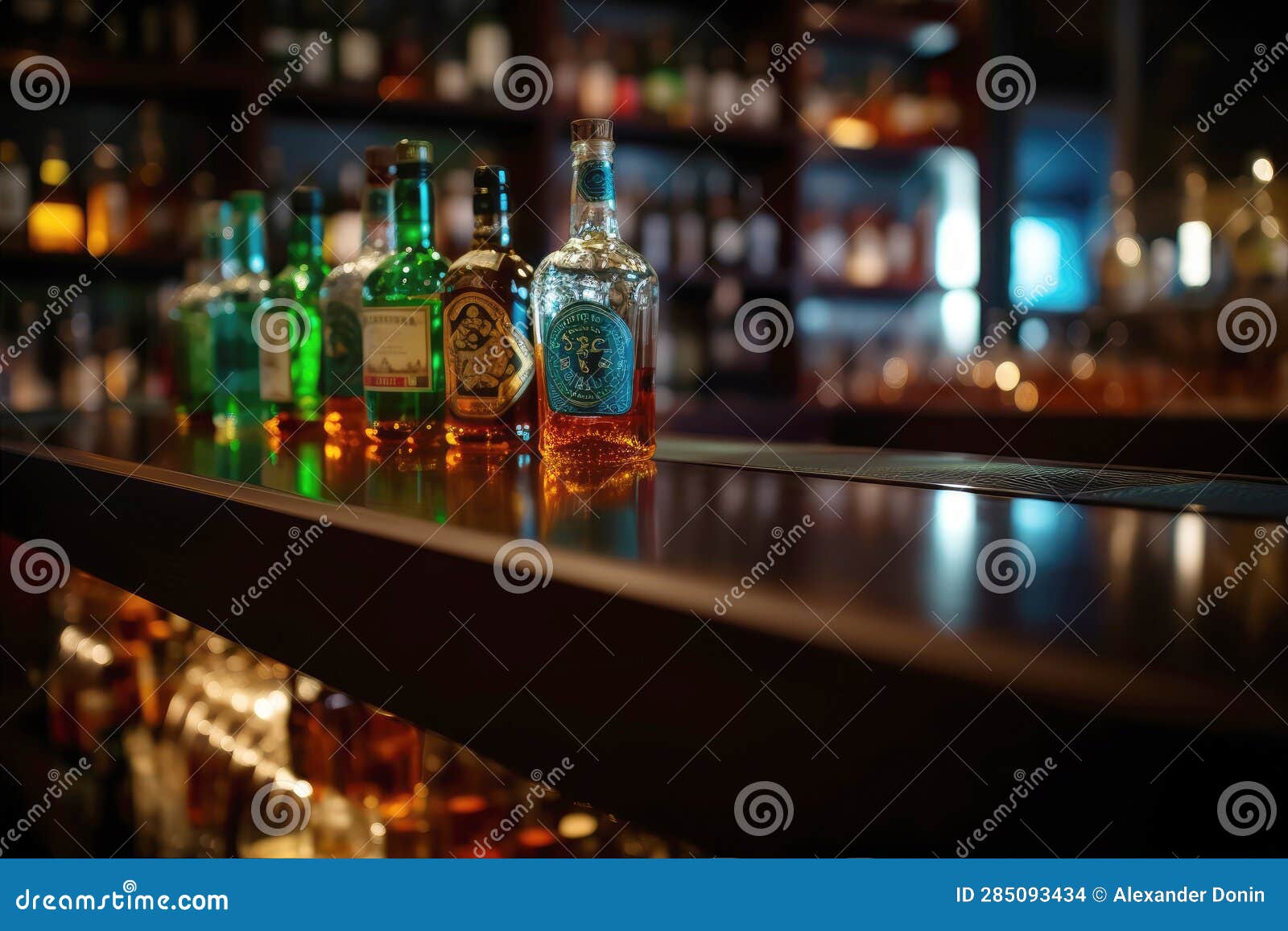 Bar Counter in the Restaurant Bar is Out of Focus with Illumination and ...