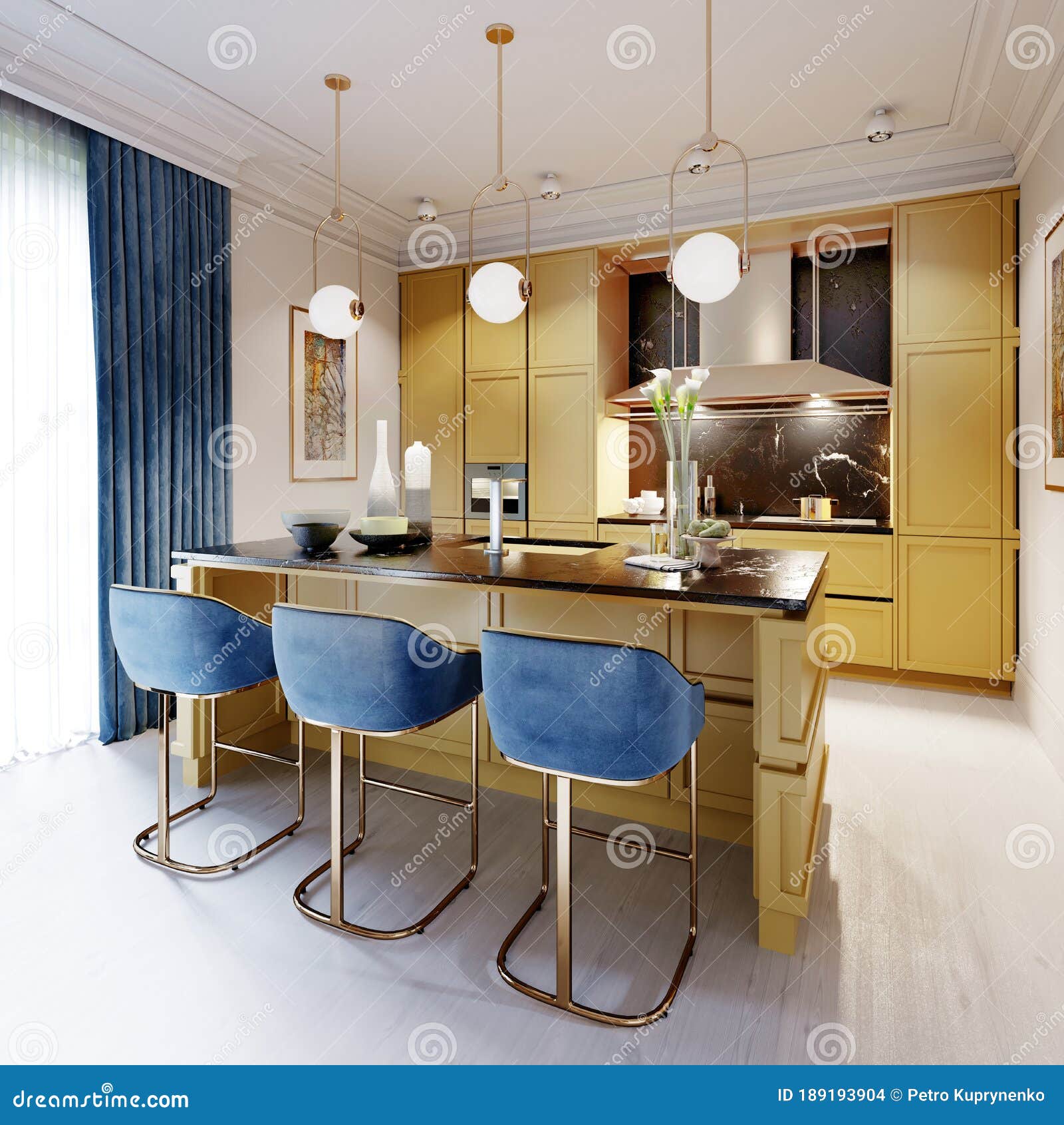 Bar Counter Yellow Color and Bar Stools Blue Color, Modern Design of ...