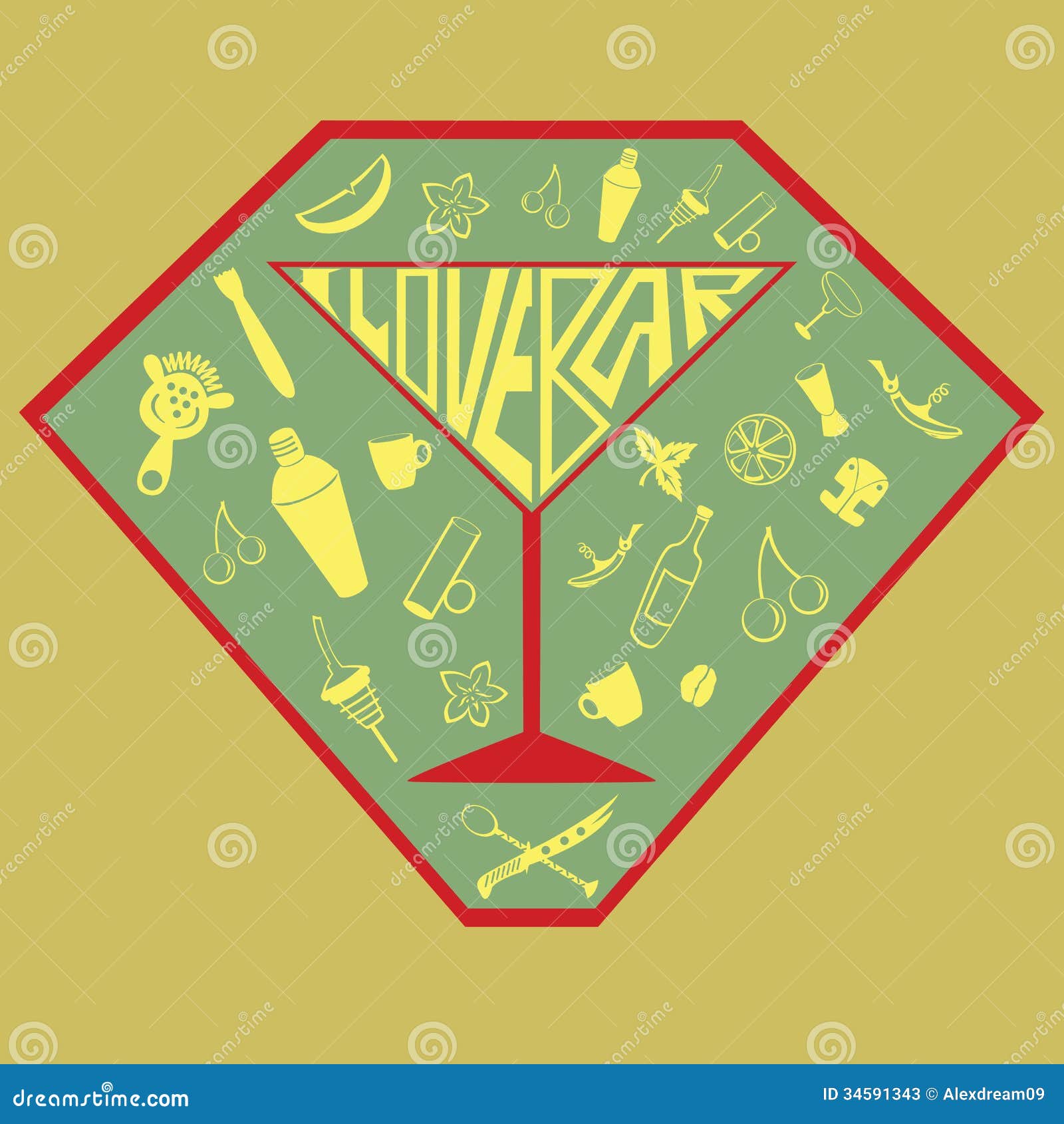 Bar Equipment Glass Emblem Symbol Shaker Cup Objects Set Corkscrew ...