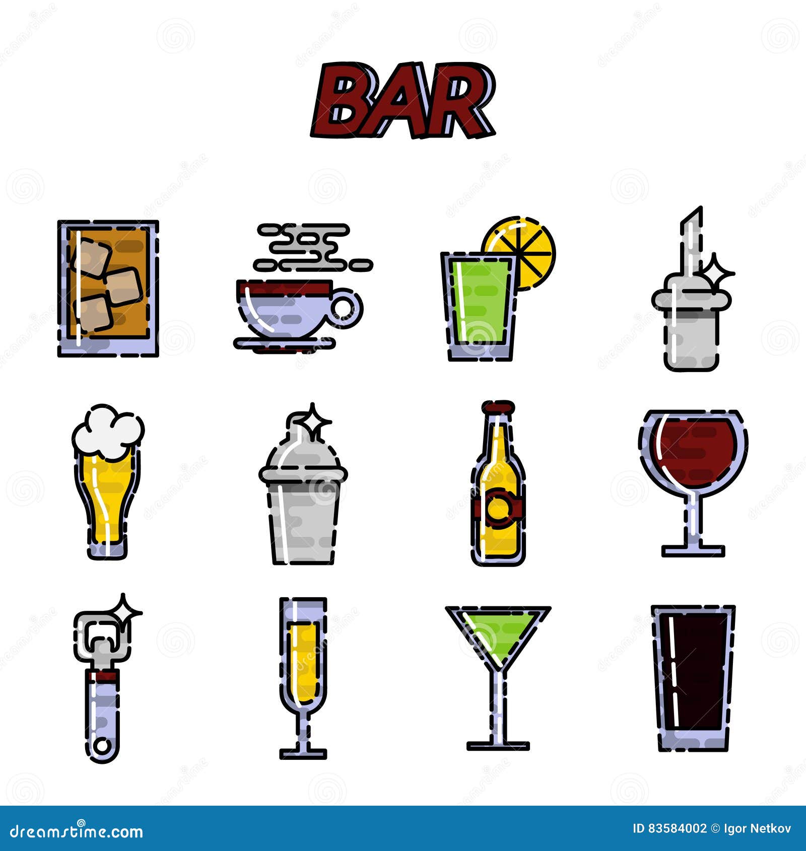 Bar flat icons set stock vector. Illustration of black - 83584002