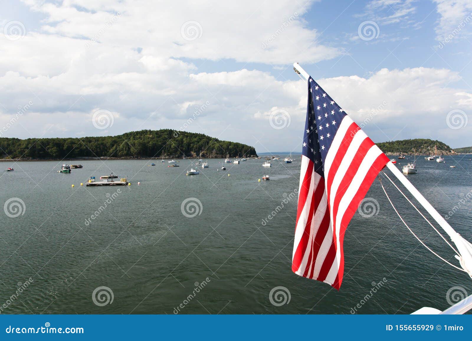 Bar Harbor View with American Flag on Foreground Stock Image - Image of ...