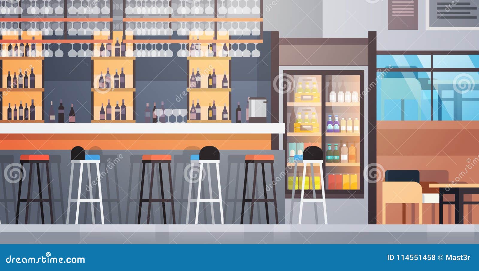 Bar Interior Cafe Counter with Bottles of Alcohol and Glasses on Shelf ...