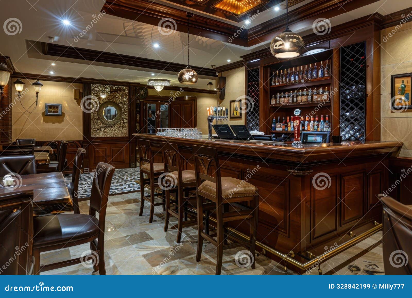 Bar Interior with Bar Counter, Chairs and Drinks Stock Illustration ...