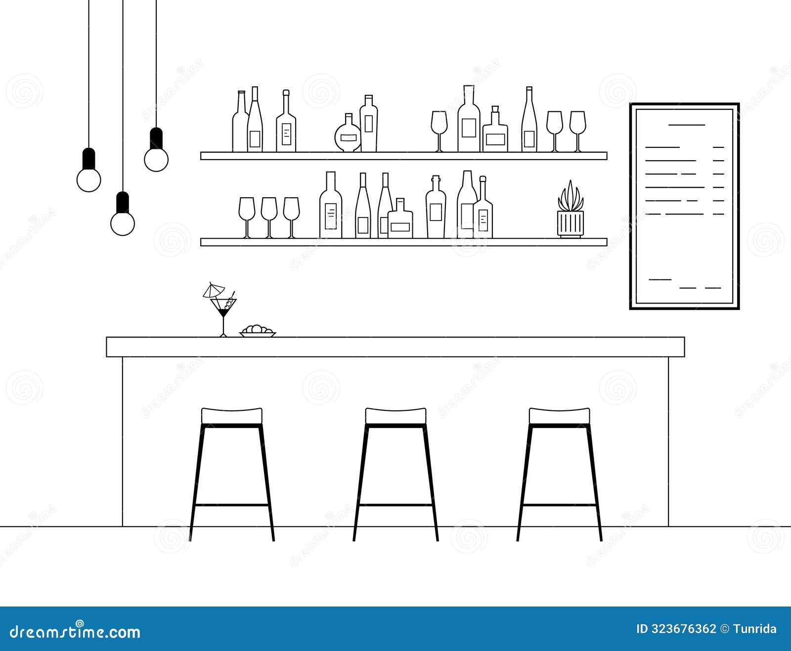 Bar Interior in Line Art Style. Stock Vector - Illustration of ...