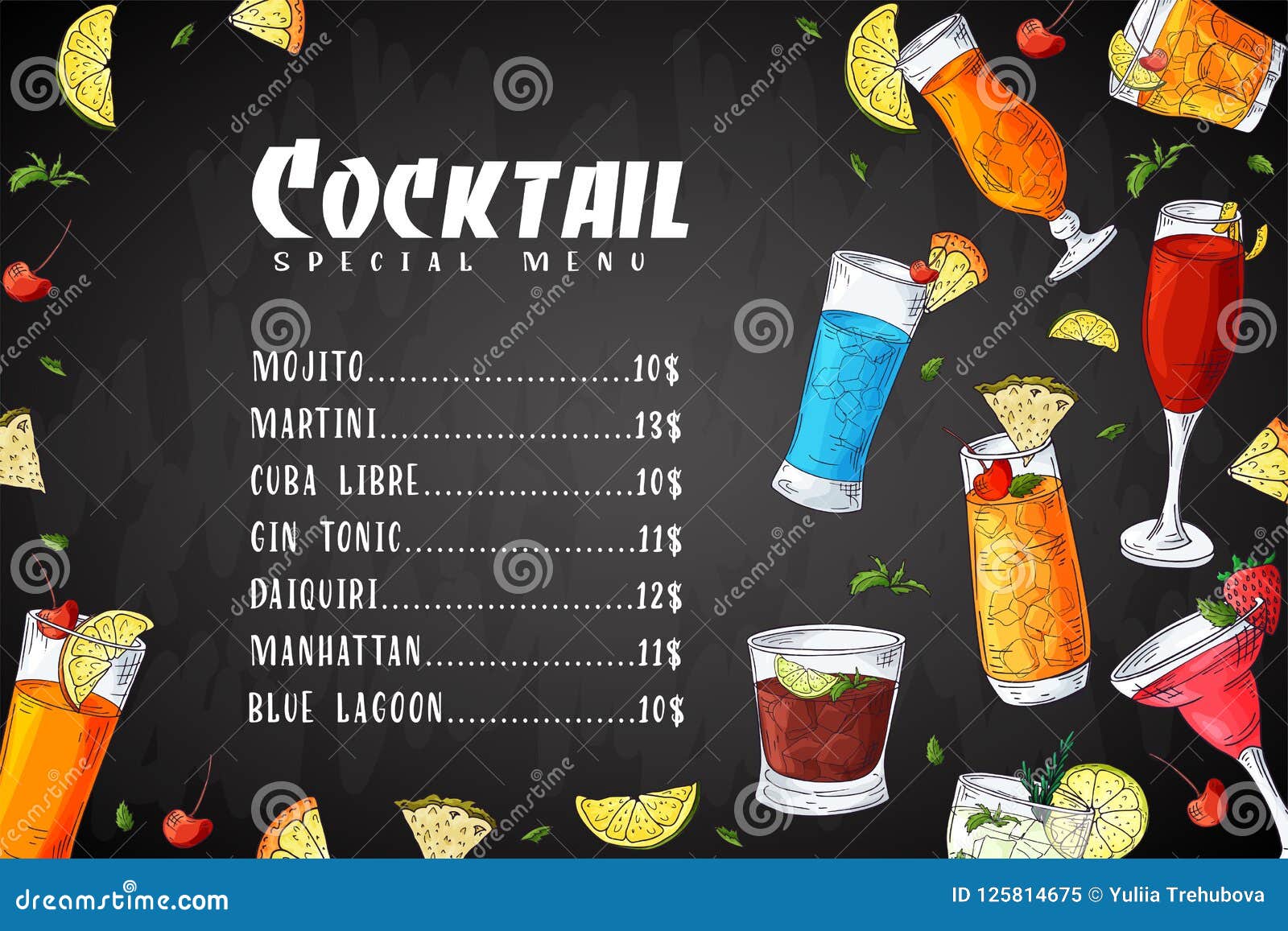Bar Menu Design. Template for Cocktail Drinks. Brochure with Hand Drawn ...
