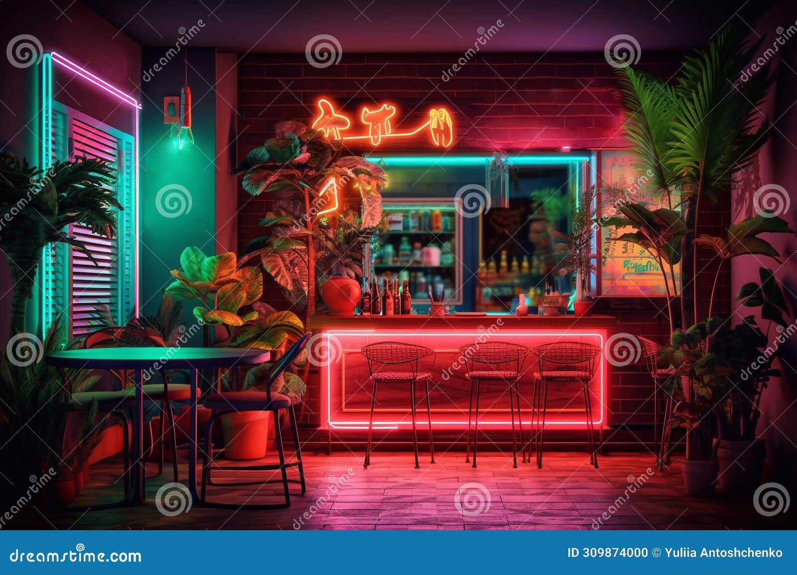 A Bar with a Neon Effect. Cafe in the Style of the 80s Stock ...