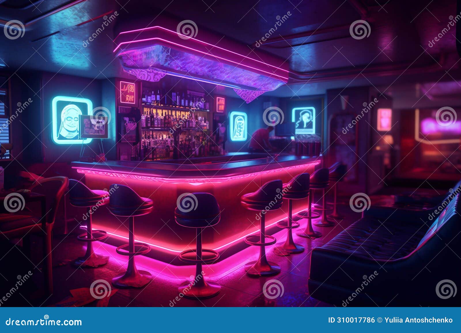 A Bar with a Neon Effect. Cafe in the Style of the 80s Stock ...