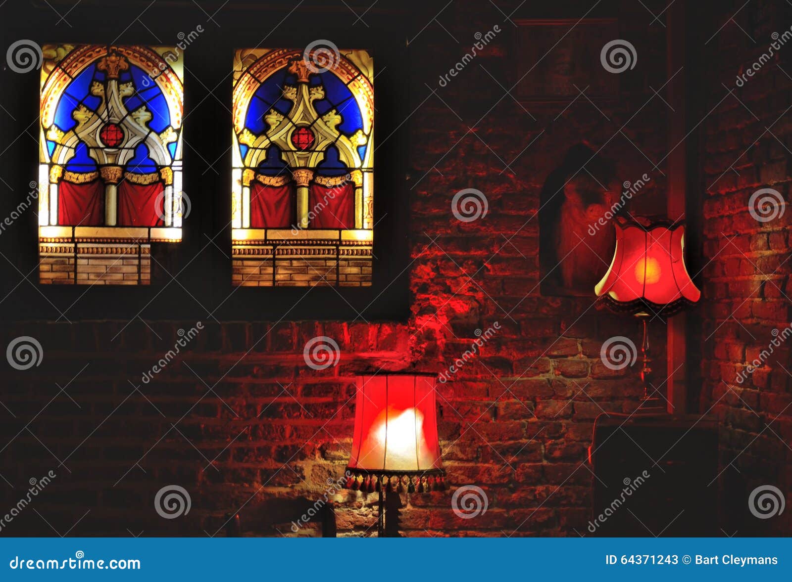 Bar Scene, Lustres in Red and Glass Stained Window Stock Image - Image ...
