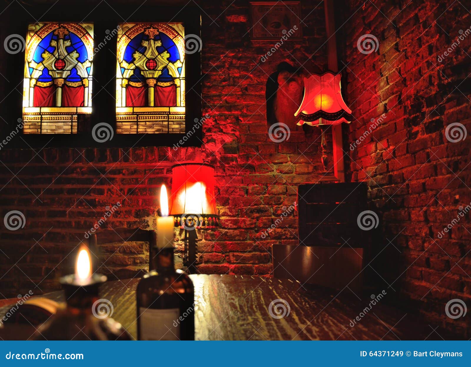 Bar Scene, Lustres in Red and Glass Stained Window Stock Image - Image ...