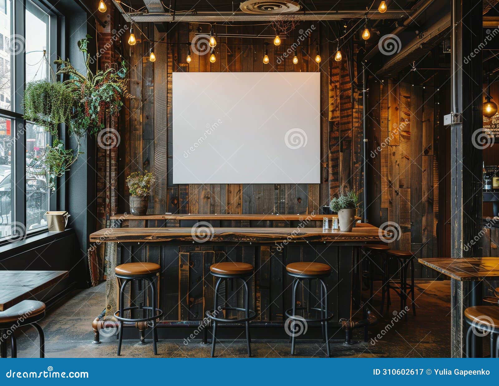 Bar with Stools and Large Poster on Wall Stock Image - Image of ...