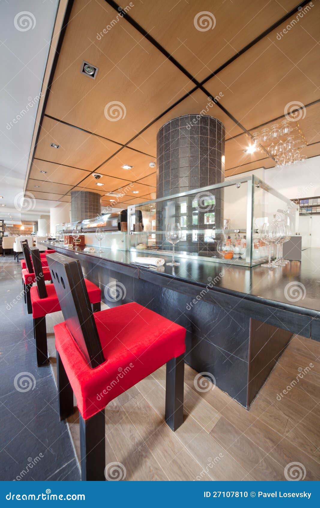 Bar in Sushi Restaurant with Red Chairs Stock Photo - Image of ...
