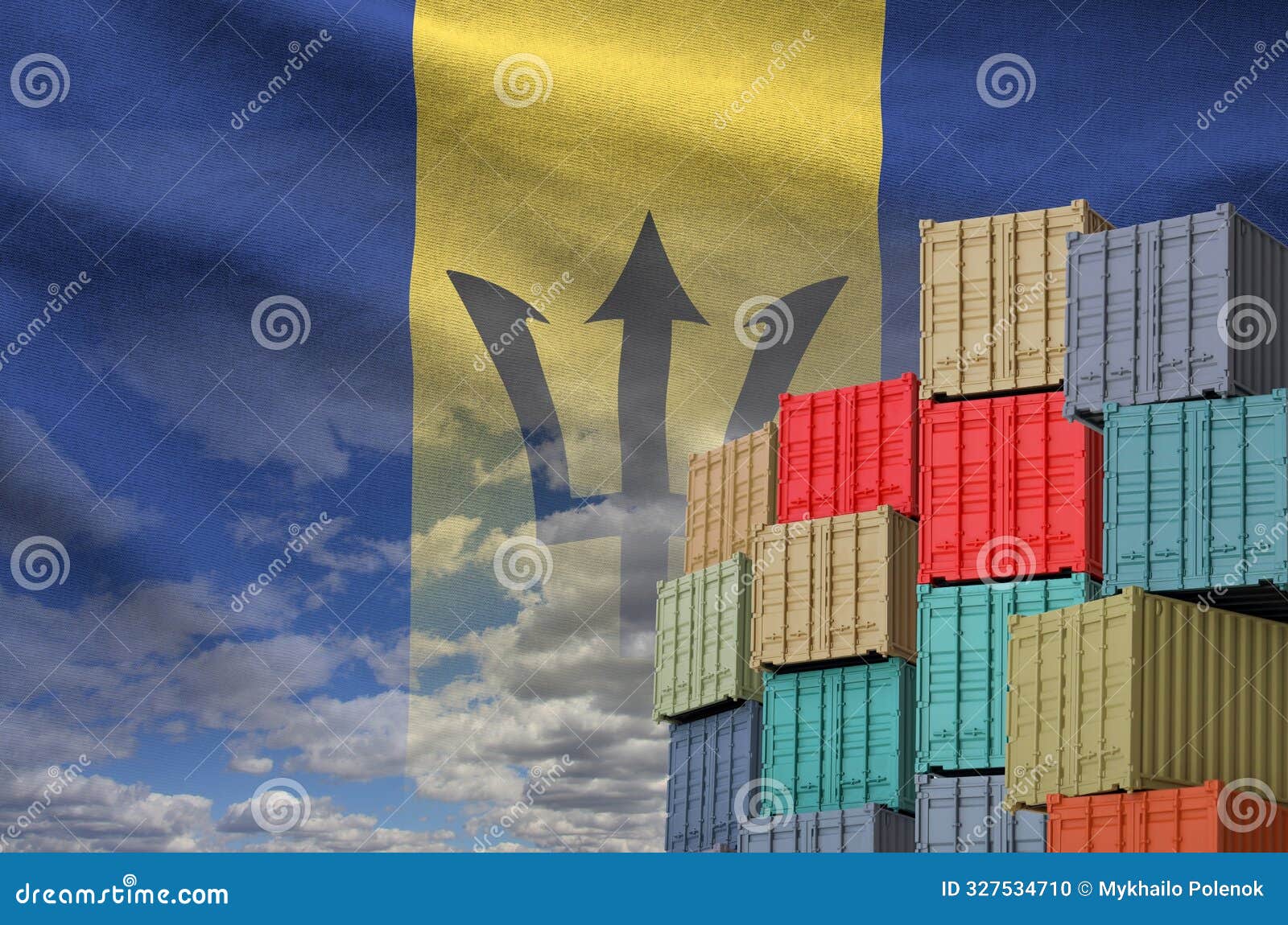 Barbados Flag and Big Stack of Shipping Cargo Containers in Docks with ...