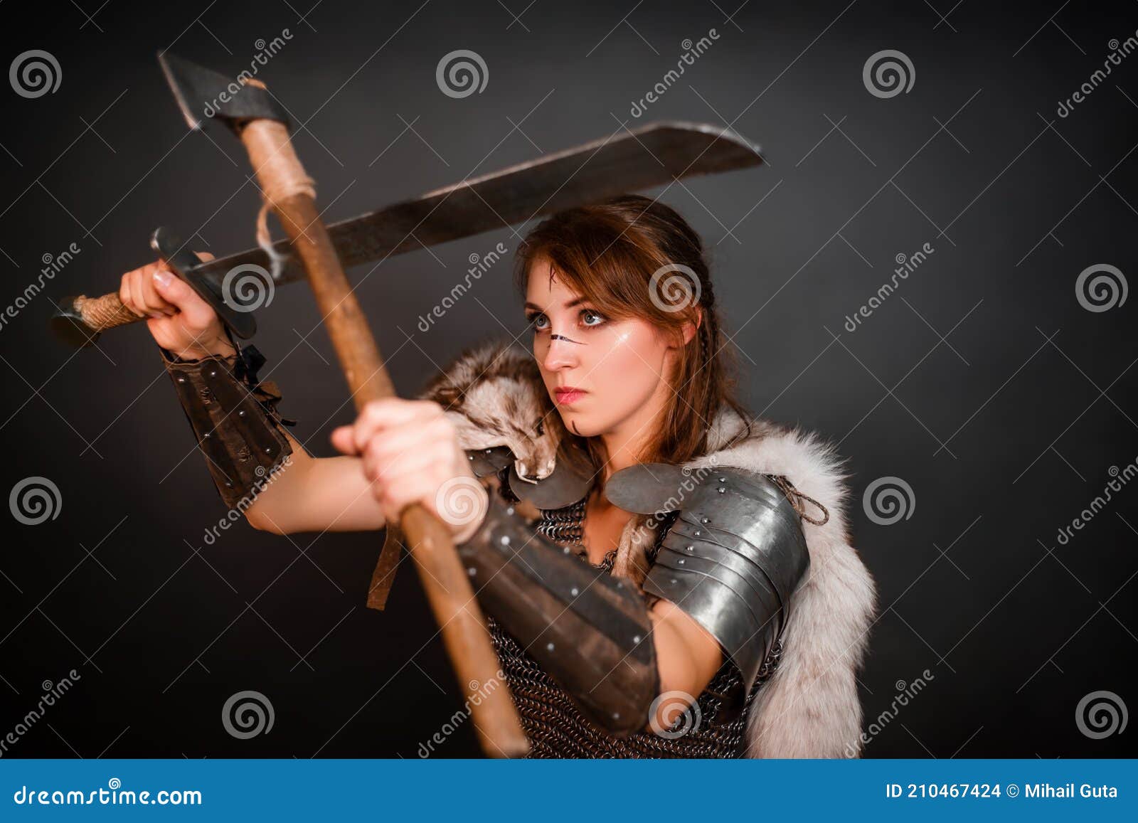 Barbarian Woman Warrior In Chainmail Armor With Bracers Armor Shoulder